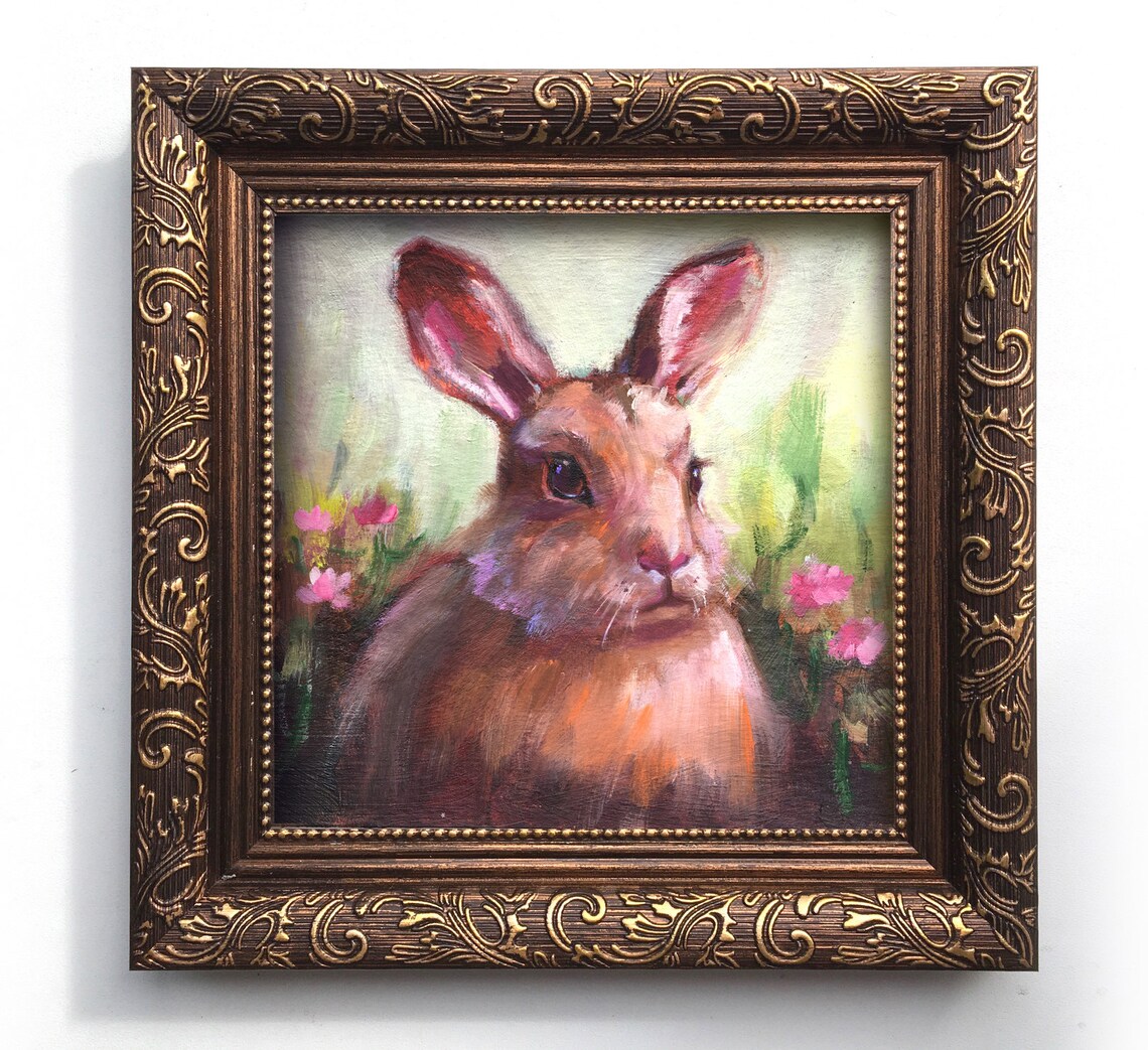 Framed Rabbit Oil Painting Original Flowers Small Bunny Landscape Gift ...