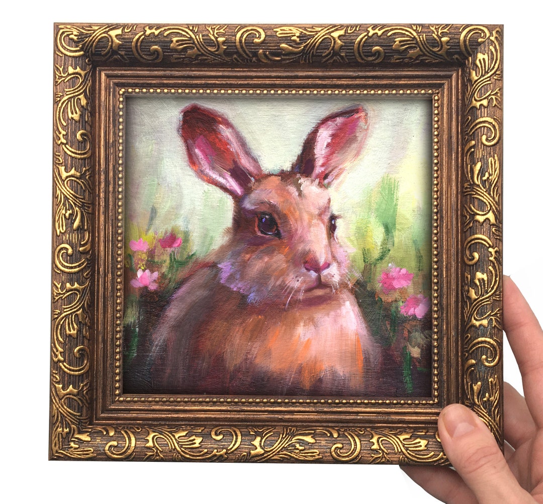 Framed Rabbit Oil Painting Original Flowers Small Bunny Landscape Gift ...
