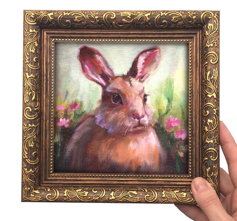Framed Rabbit Oil Painting Original Flowers Small Bunny Landscape Gift ...
