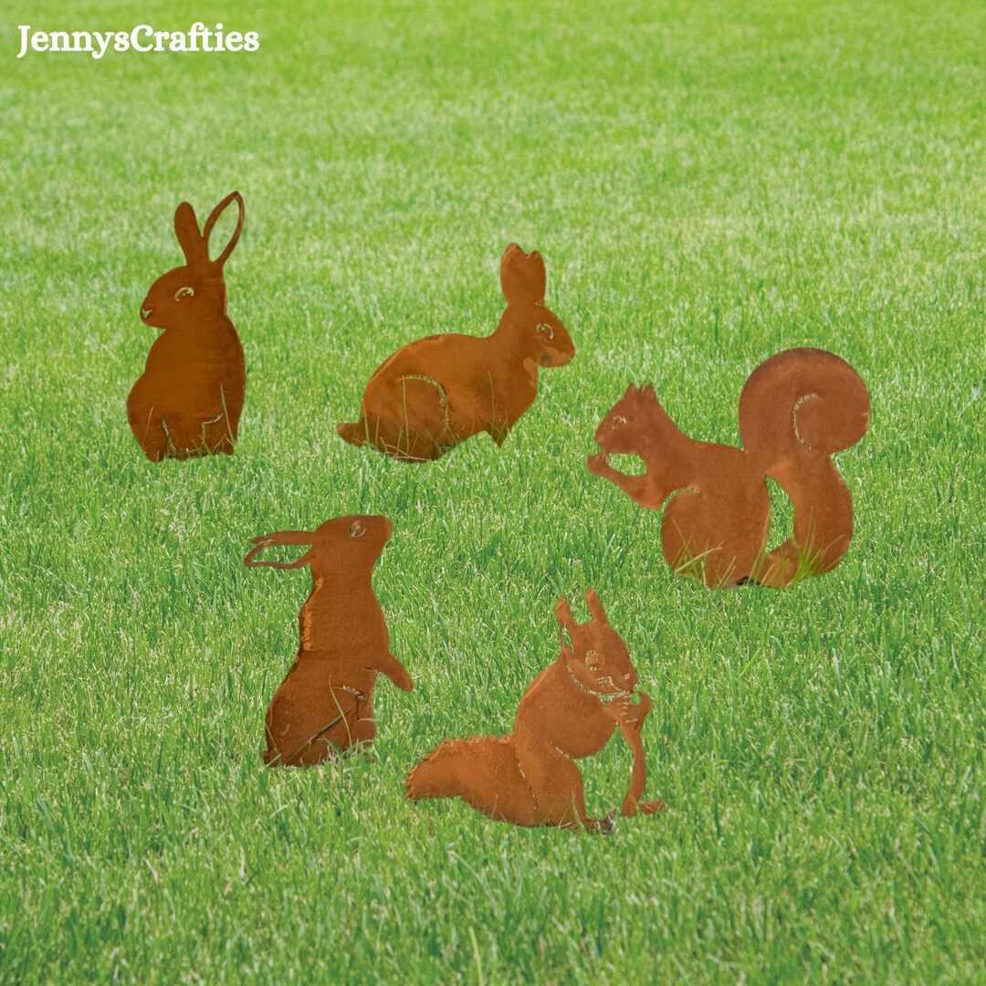 Five Metal Squirrels and Rabbits, Rusty Garden Art Decor, Flower Bed ...