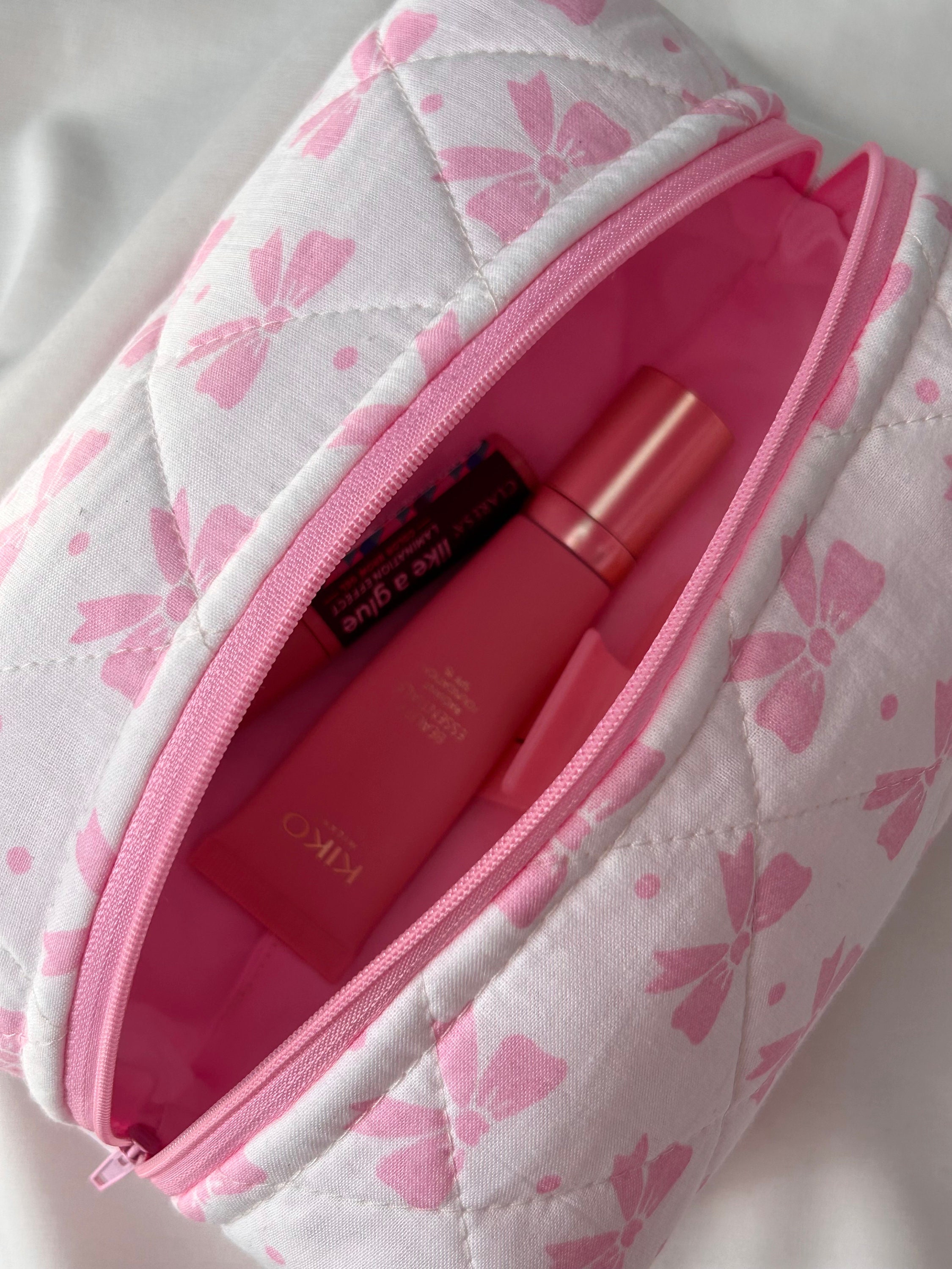 Quilted Pink Ribbon Pouch, Aesthetic Makeup Bag, Cute Coquette Cosmetic ...