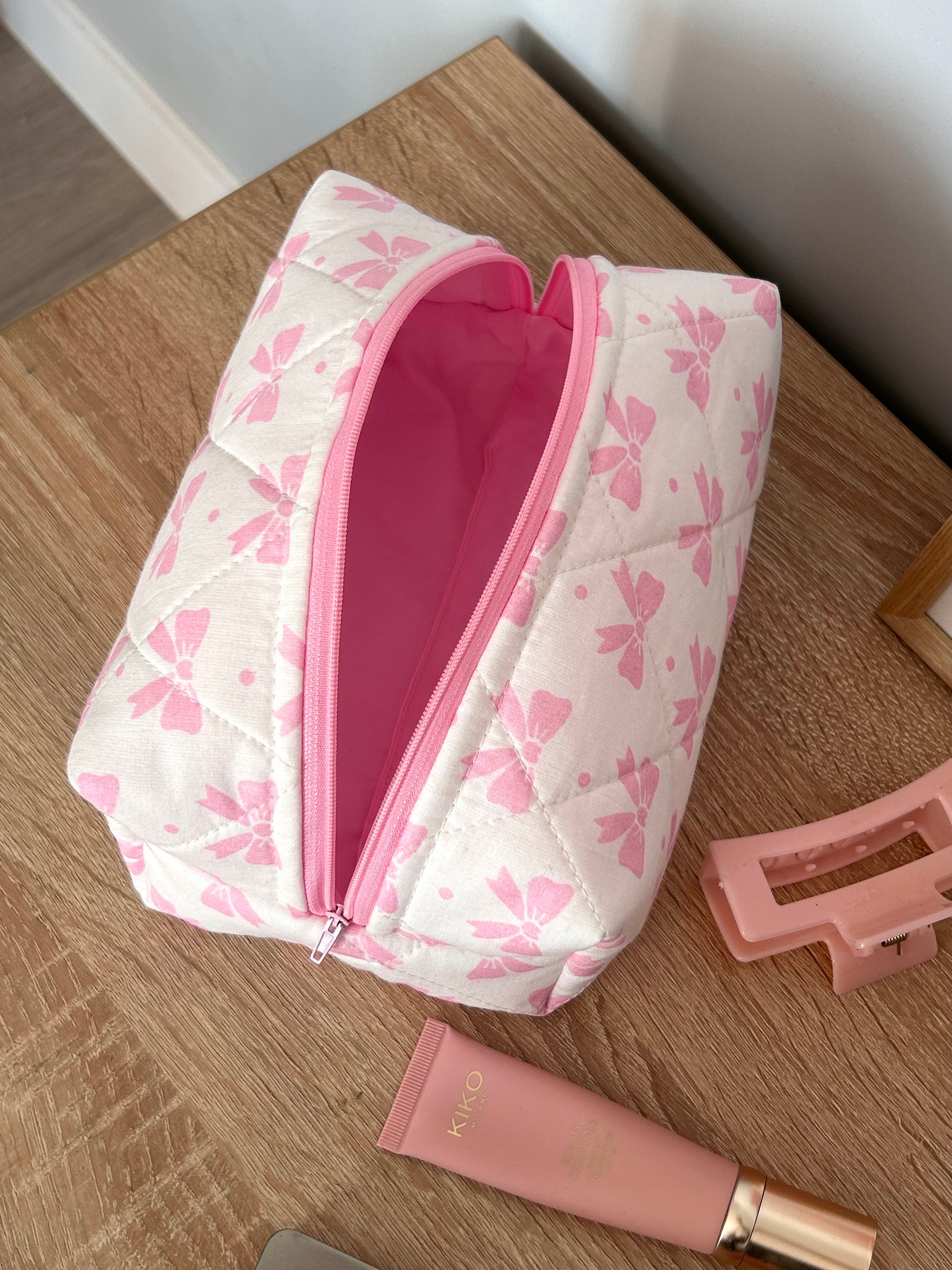 Quilted Pink Ribbon Pouch, Aesthetic Makeup Bag, Cute Coquette Cosmetic ...