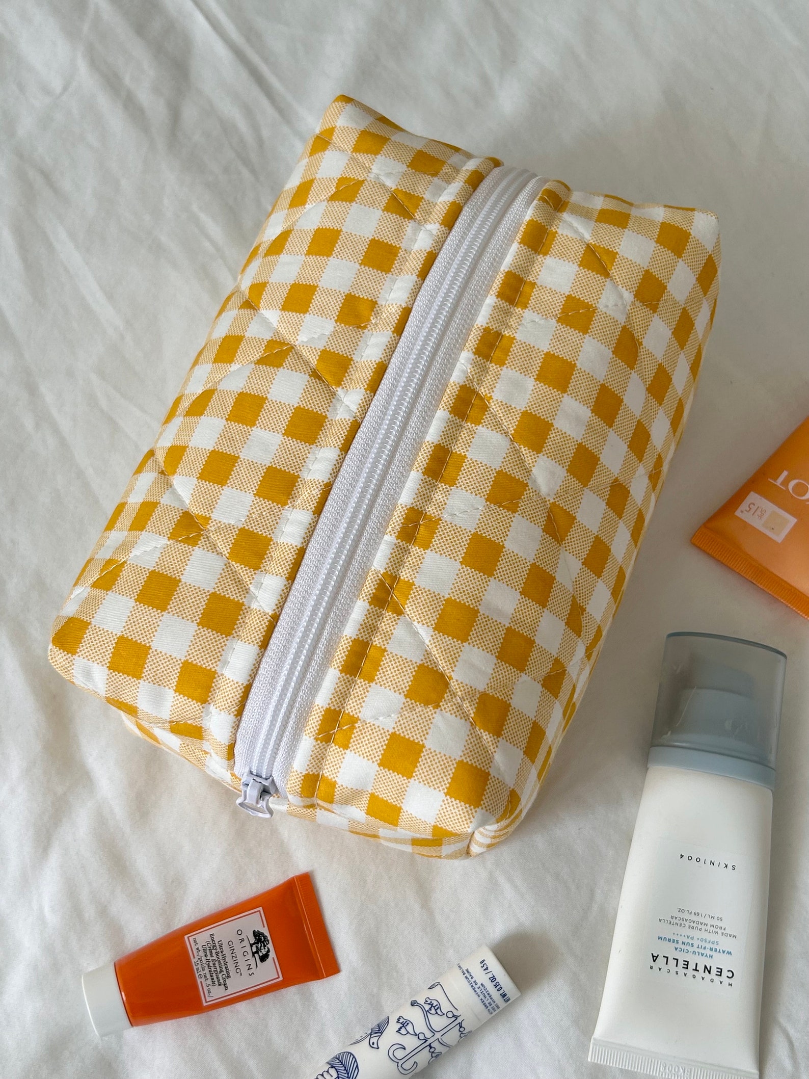 Yellow Gingham Makeup Bag - Handmade Quilted Yellow Gingham Cosmetic ...