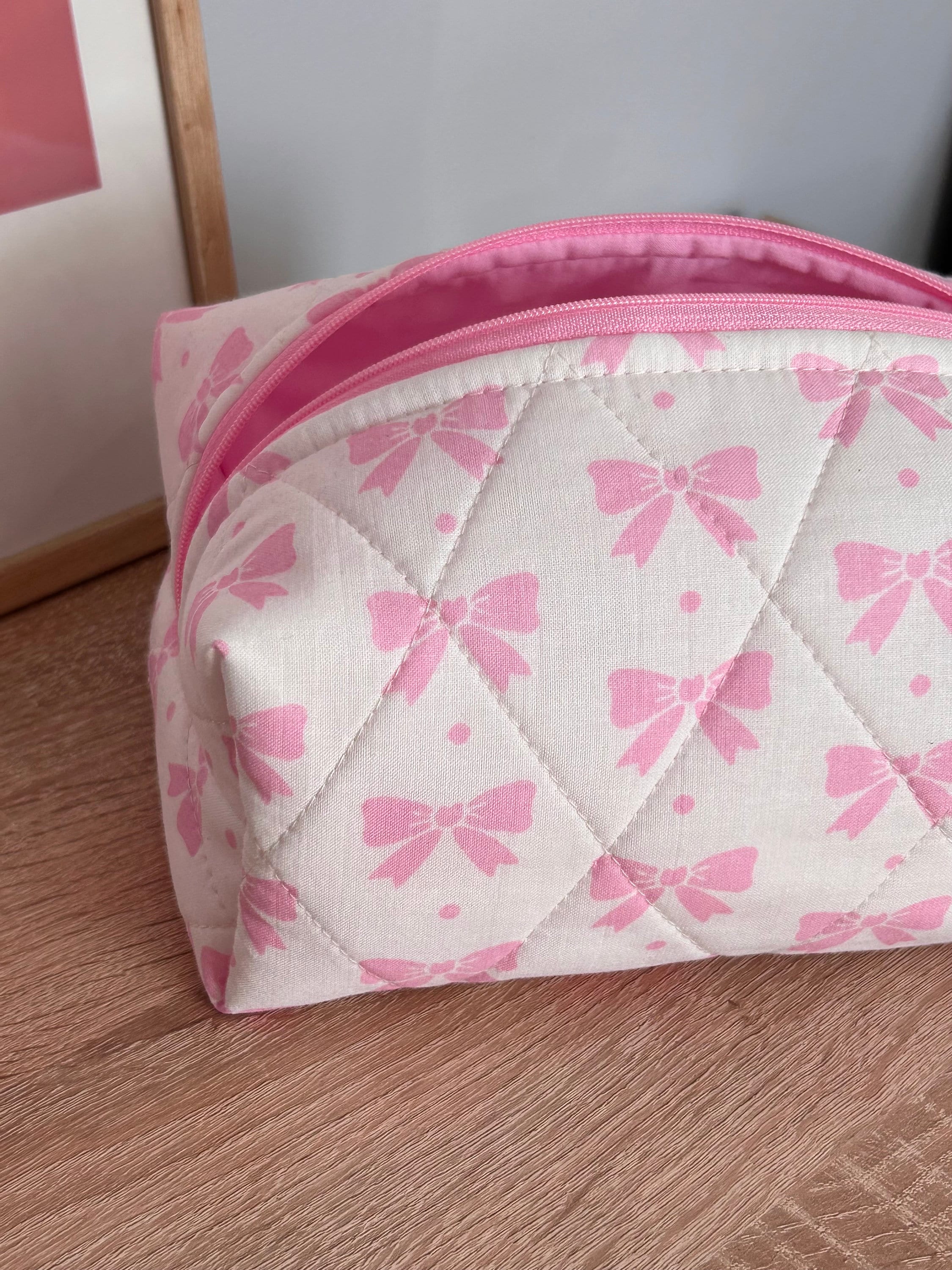 Quilted Pink Ribbon Pouch, Aesthetic Makeup Bag, Cute Coquette Cosmetic ...