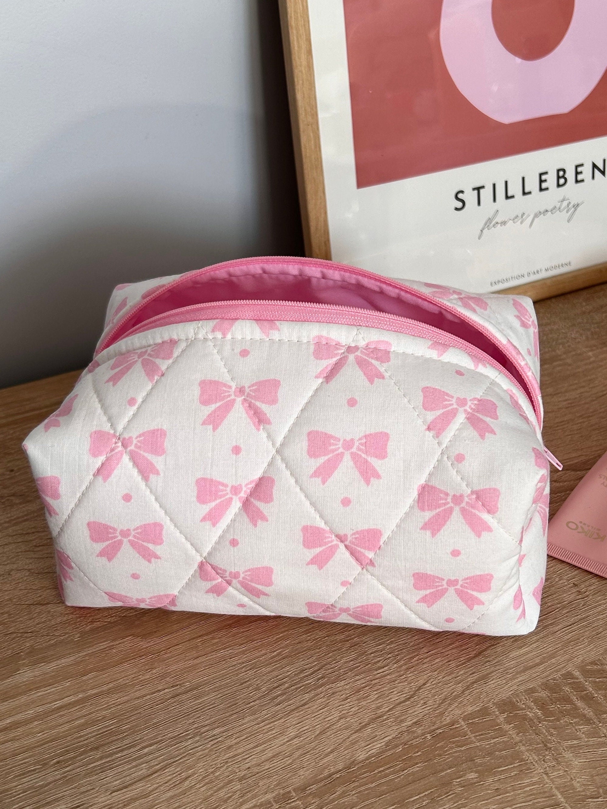 Quilted Pink Ribbon Pouch, Aesthetic Makeup Bag, Cute Coquette Cosmetic ...