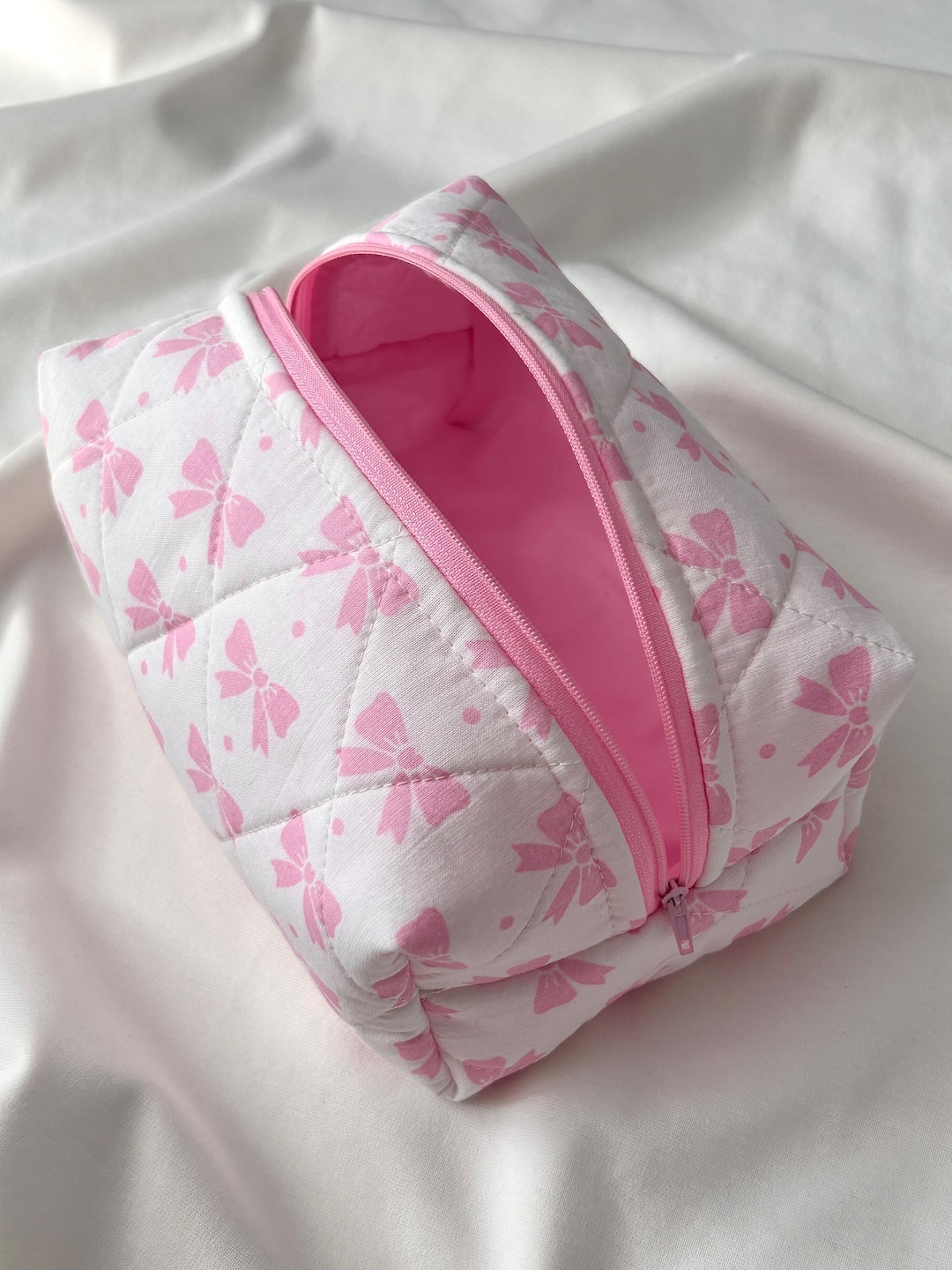Quilted Pink Ribbon Pouch, Aesthetic Makeup Bag, Cute Coquette Cosmetic ...