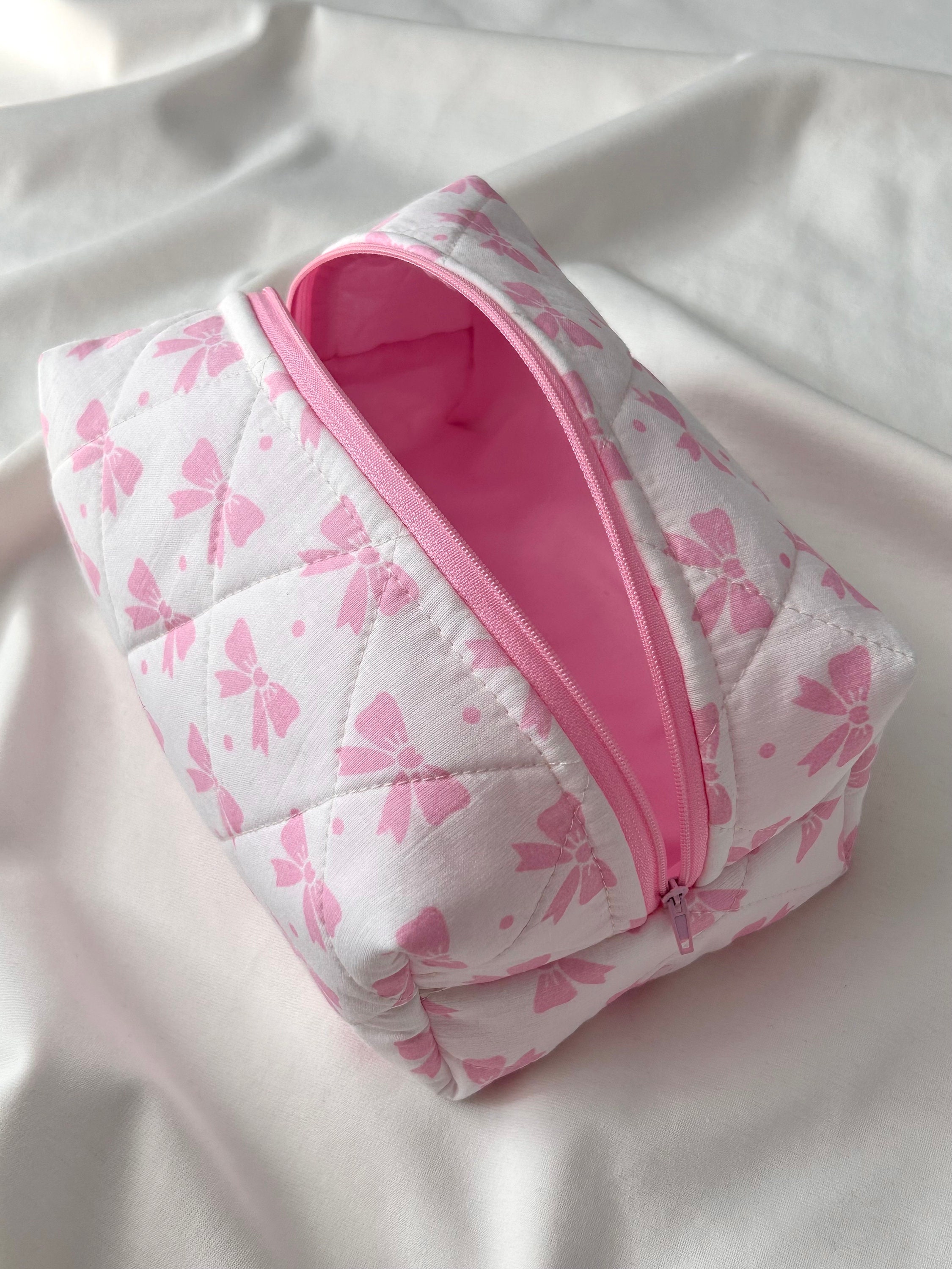 Quilted Pink Ribbon Pouch, Aesthetic Makeup Bag, Cute Coquette Cosmetic ...