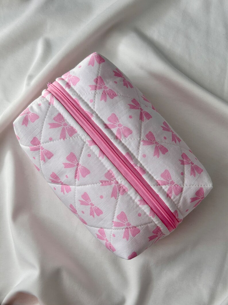 Quilted Pink Ribbon Pouch, Aesthetic Makeup Bag, Cute Coquette Cosmetic ...