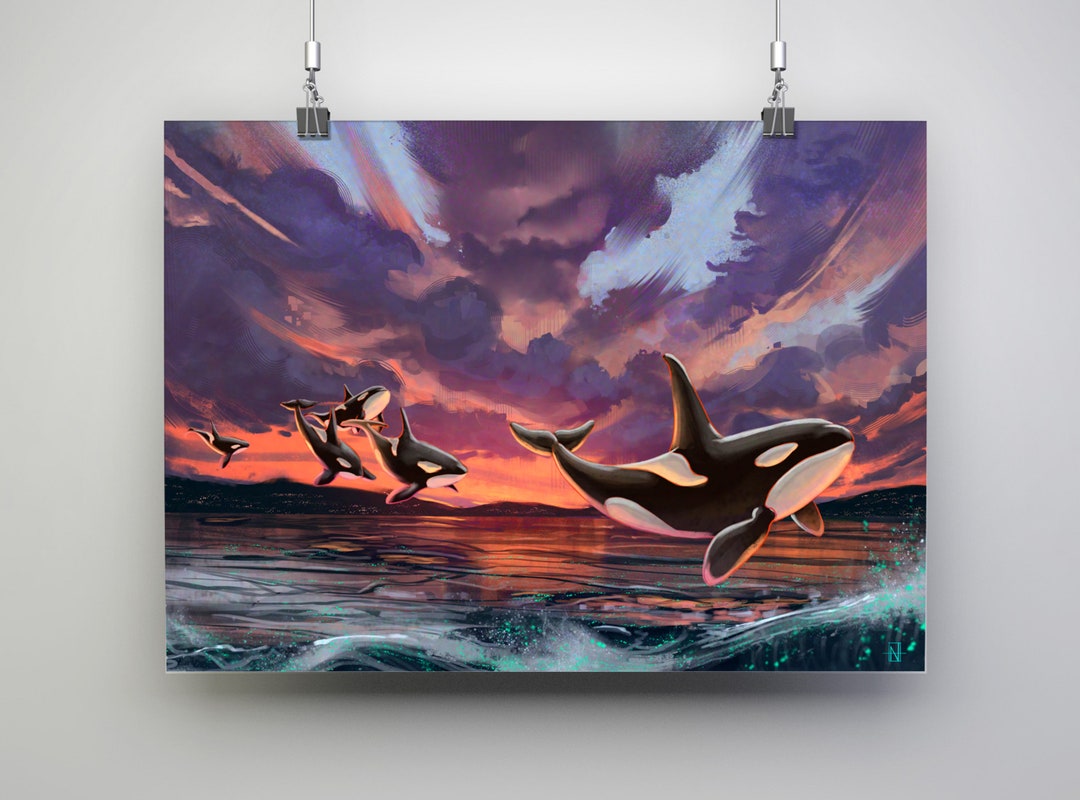 Storm Orcas - Floating Killer Whales - Orca Dolphin Art - Sunset Storm ...