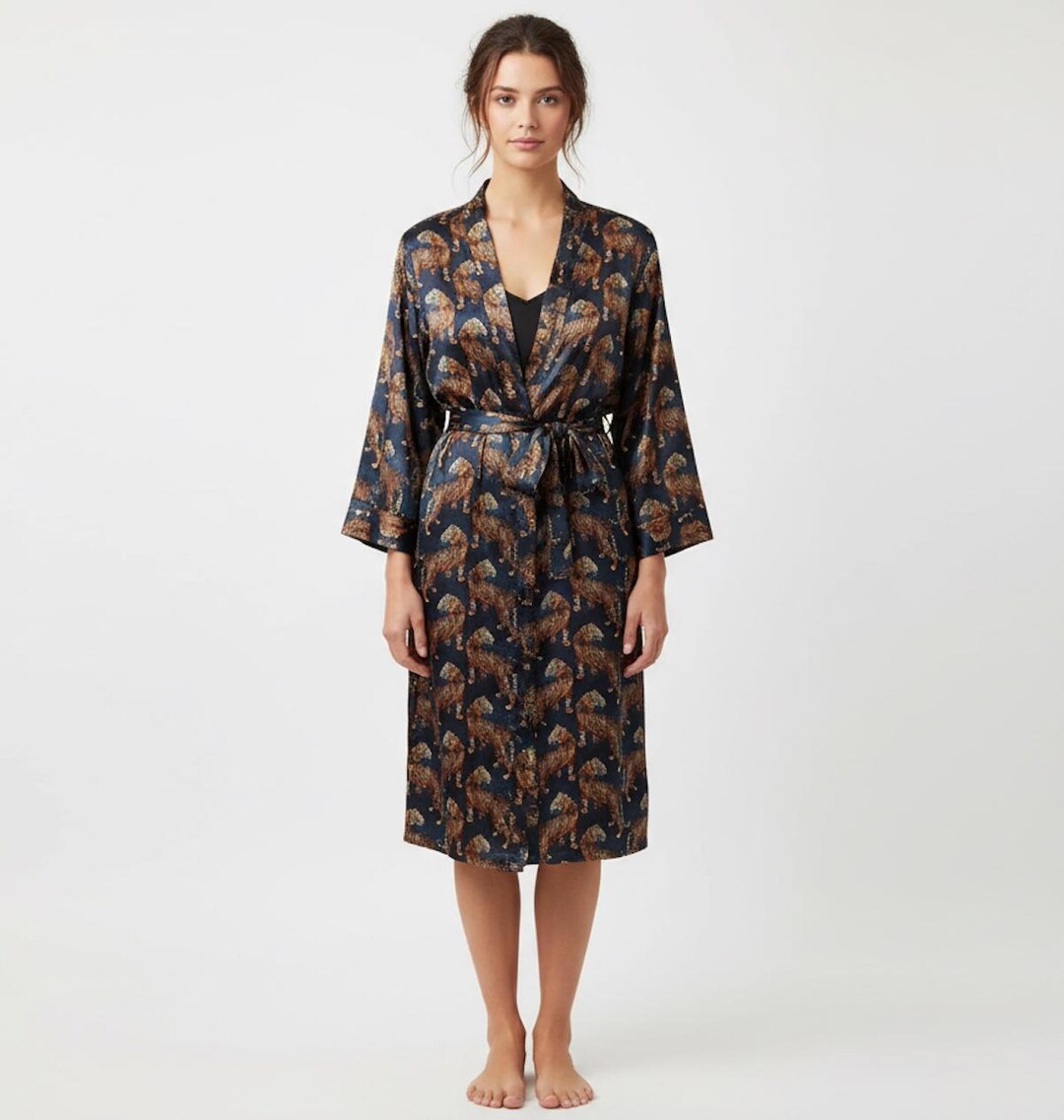 Tiger Print Satin Robe: Reversible Long Gown, UK 8-14, Silk Robe - Etsy