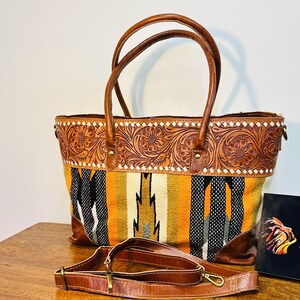 Leather and Blanket Tote Large Bag Western Style | Hand Tooled Leather ...