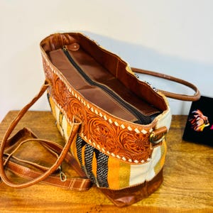 Leather and Blanket Tote Large Bag Western Style | Hand Tooled Leather ...