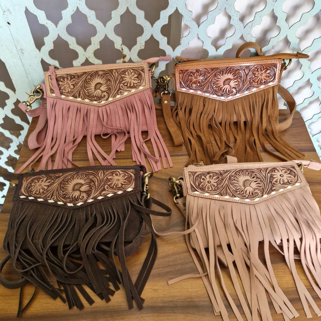 Suede Fringed Clutch Cross Body Bag | Western Style Hand Tooled Leather ...