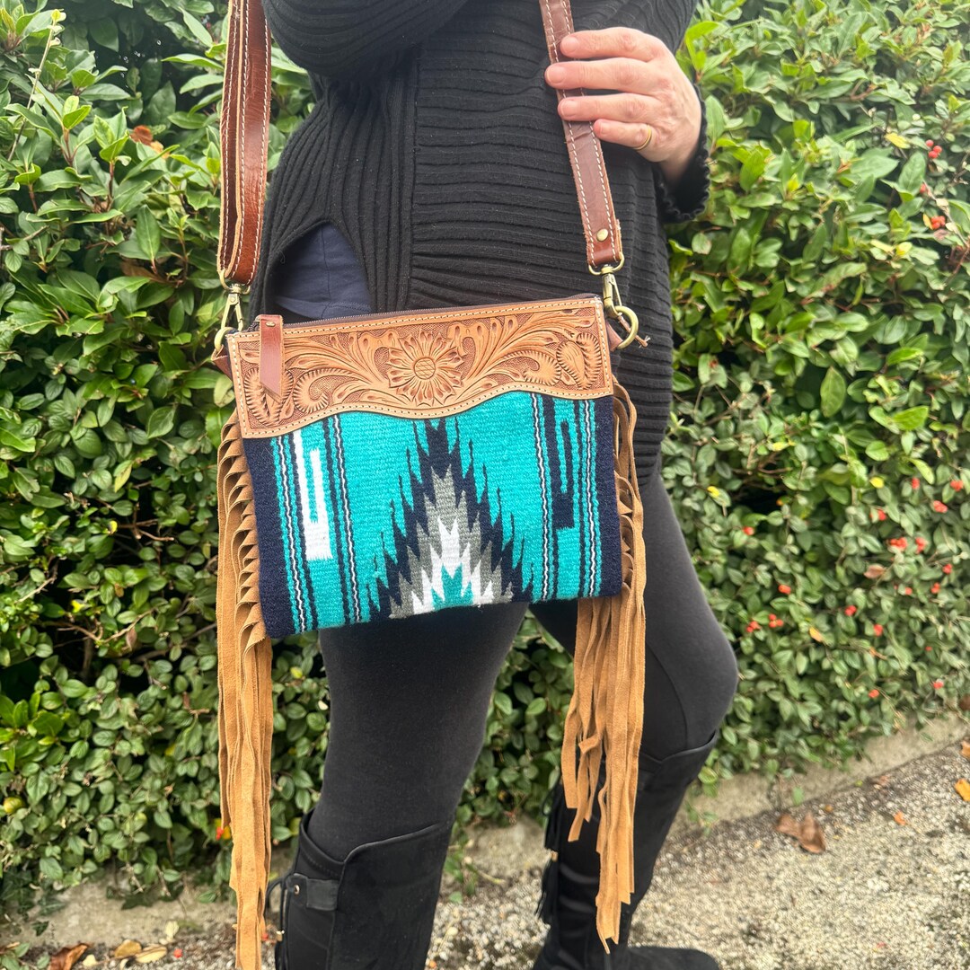 Small Fringe Leather Bag With Aztec Pattern Aztec Bag Western Style ...