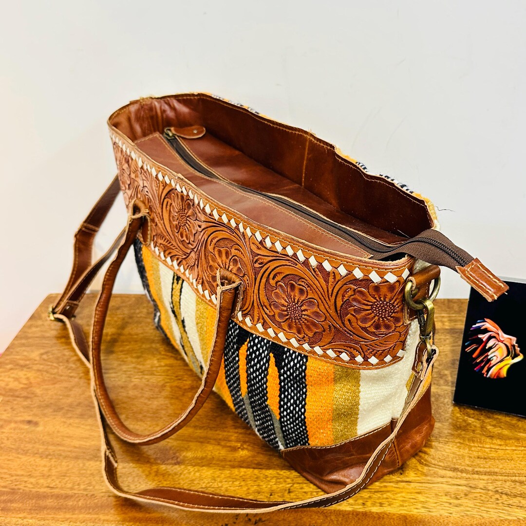 Leather and Blanket Tote Large Bag Western Style | Hand Tooled Leather ...