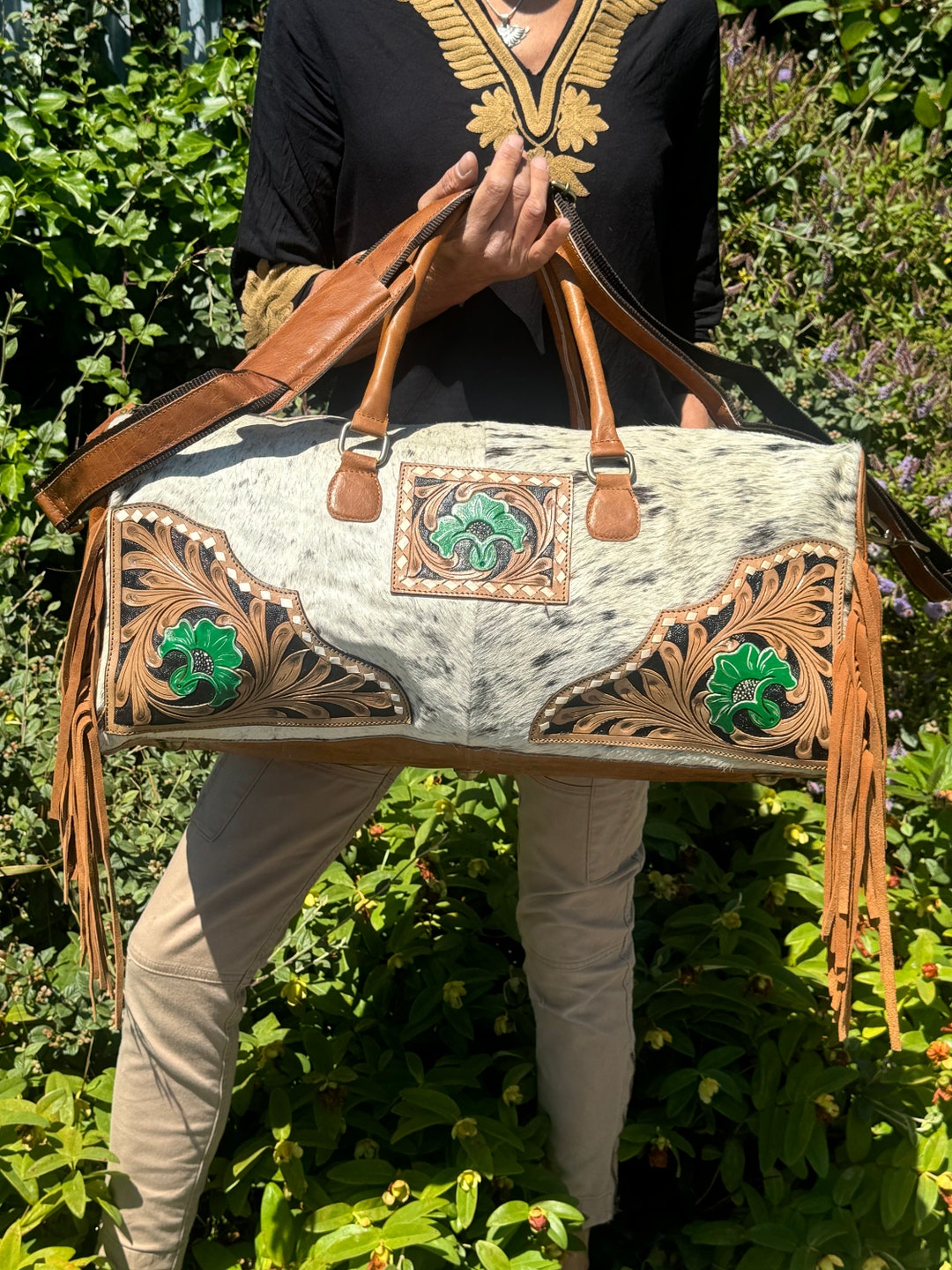 Cowhide & Leather Duffle Bag: Western Style Weekender Bag With Tooled ...