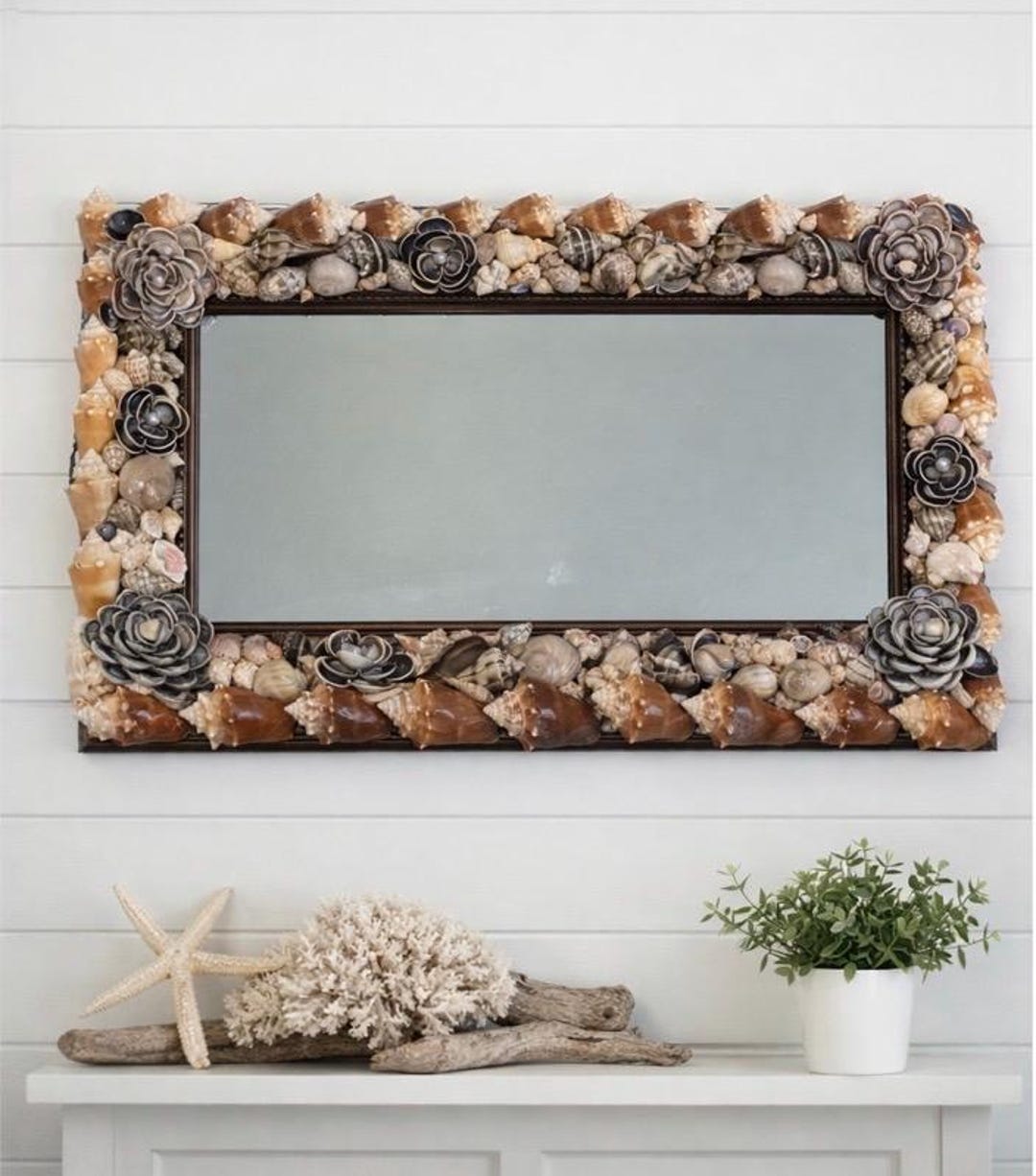 Large Coastal Seashell Mirror | Handmade Beach Shell Art, Nautical ...