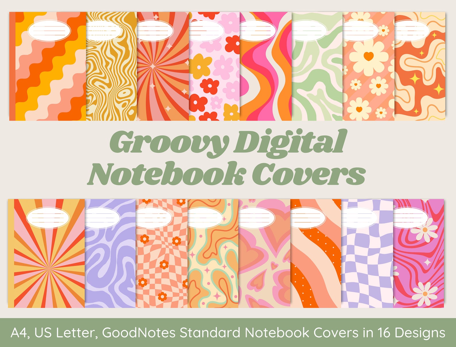 Groovy Retro Notebook Digital Notebook Covers | 16 Cute Fun Designs ...