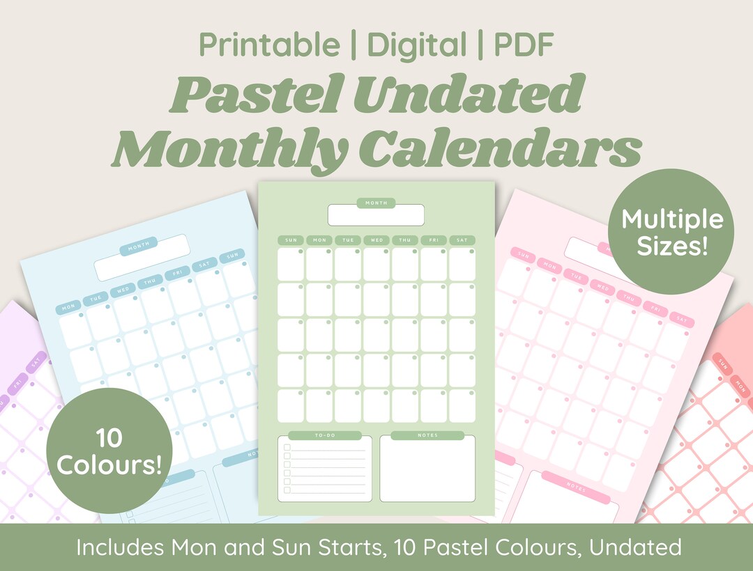 Undated Monthly Calendar Calendar | Cute Pastel Design | Colourful ...