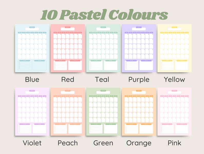 Undated Monthly Calendar Calendar | Cute Pastel Design | Colourful ...
