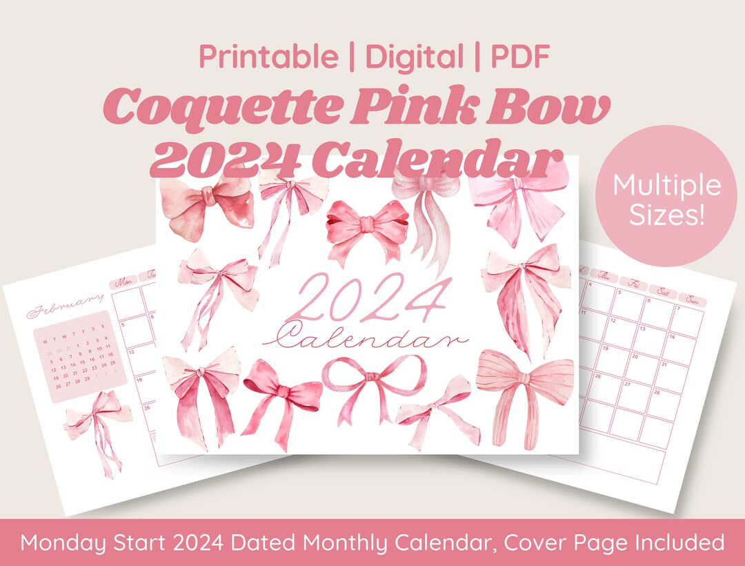 Coquette Pink Bow 2024 Dated Calendar Cute Print Soft Girl Aesthetic ...
