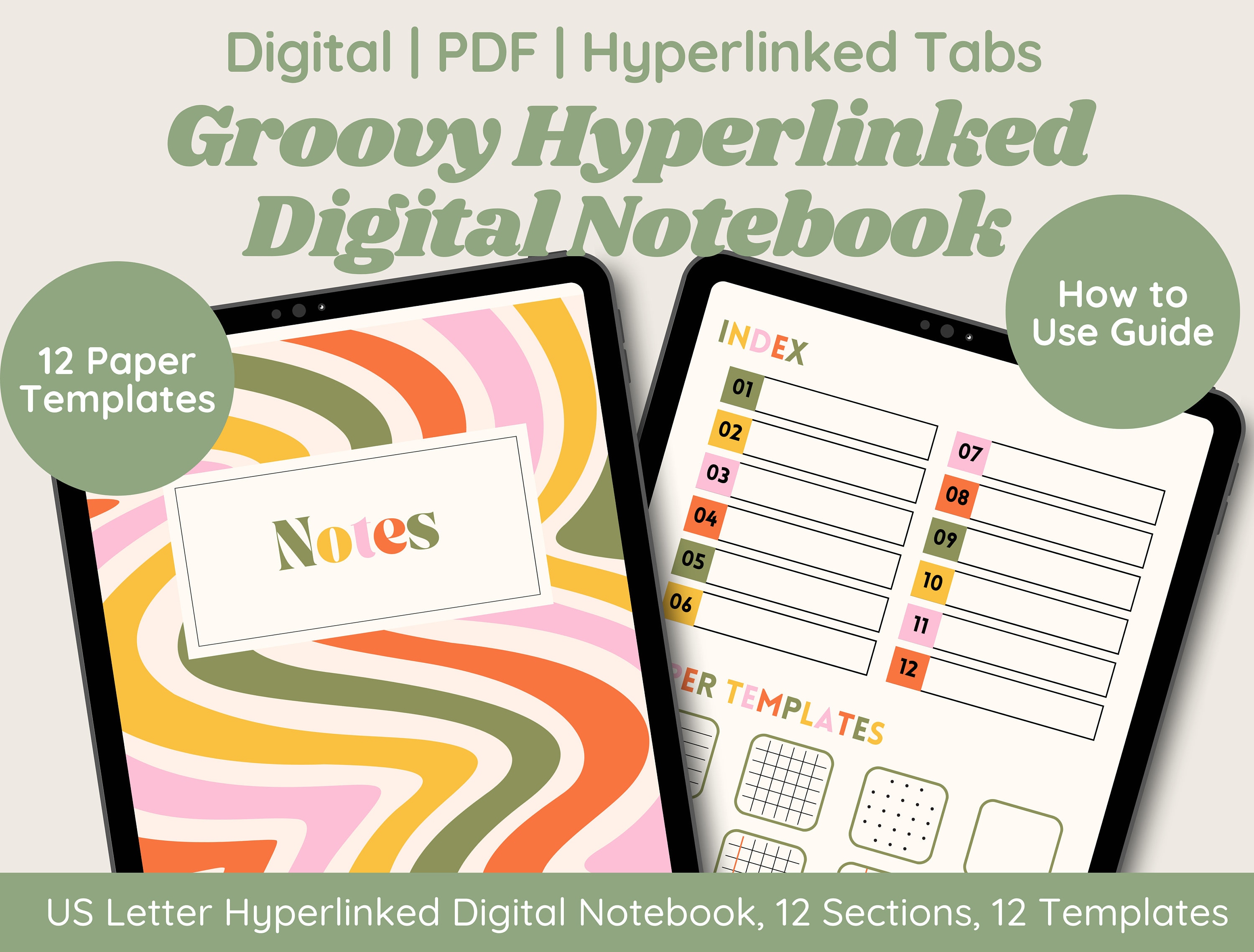 Groovy Retro Digital Notebook | Hyperlinked Journal | 12 Sections ...