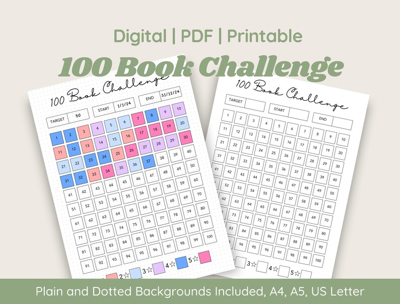 100 Book Challenge Printable PDF | Book Rating | Reading Tracker Log ...