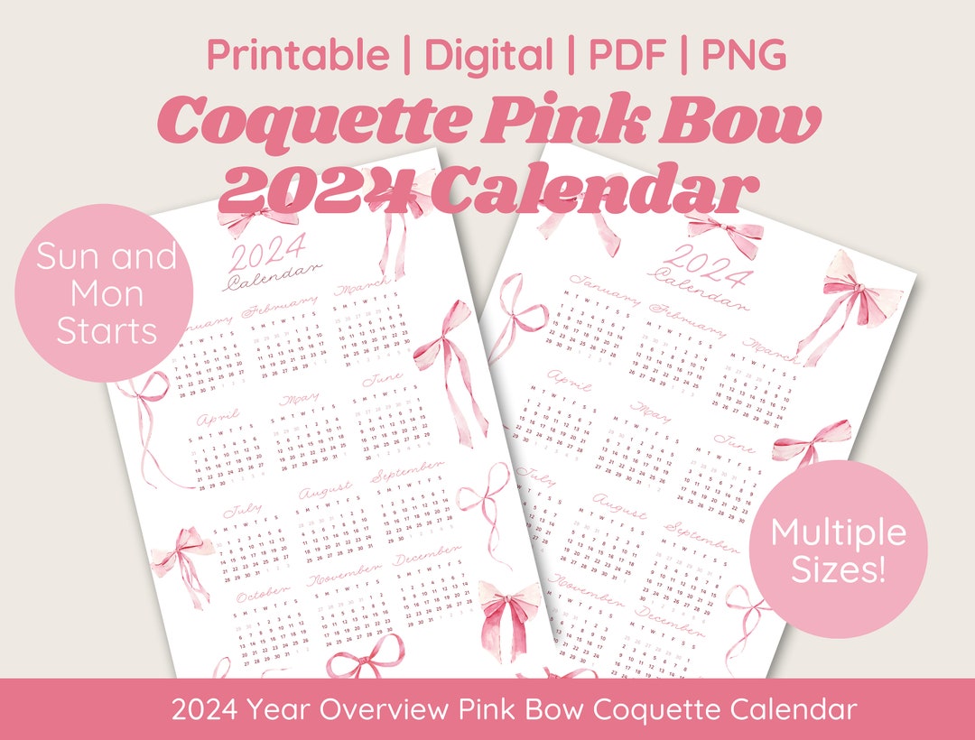 Coquette 2024 Year Overview Calendar Pink Bow Ribbon Design Soft Girl ...