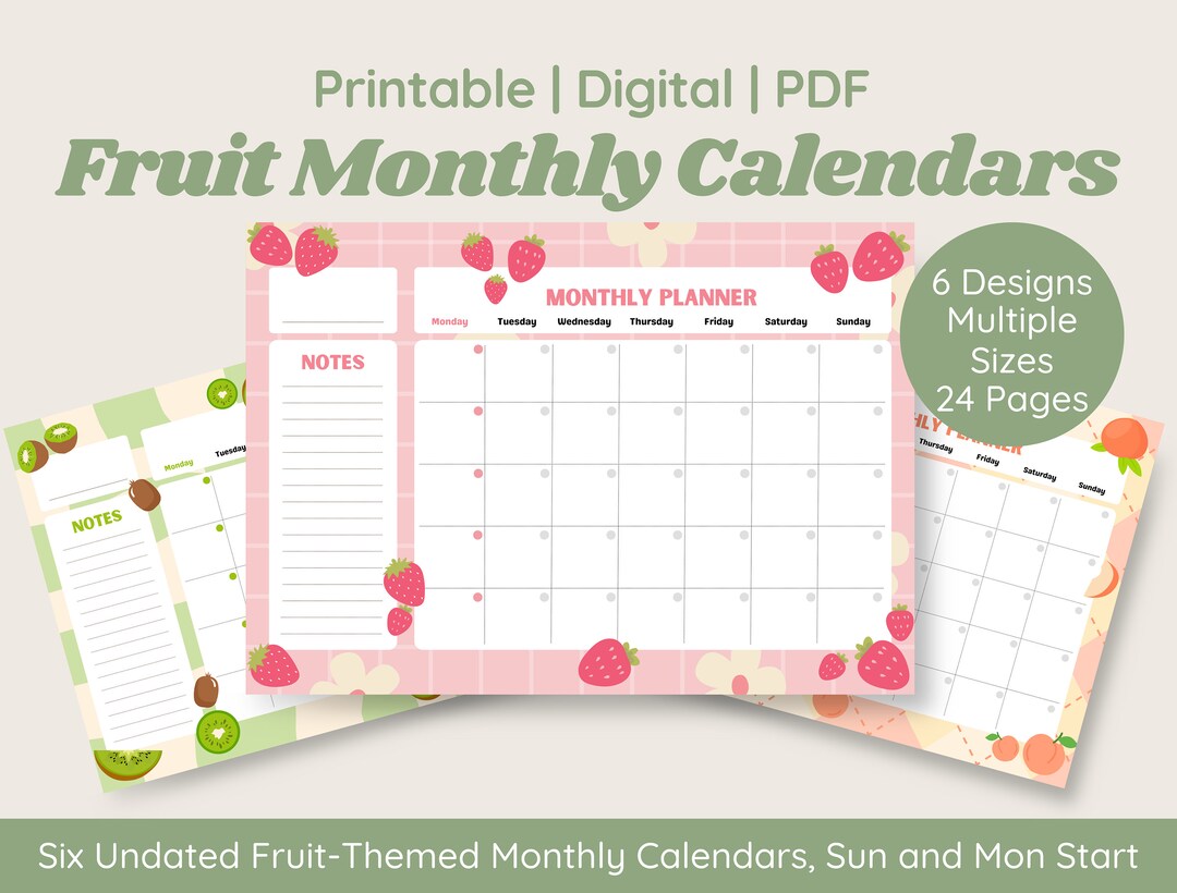 Undated Monthly Calendar Calendar in Cute Kawaii Fruit Design ...