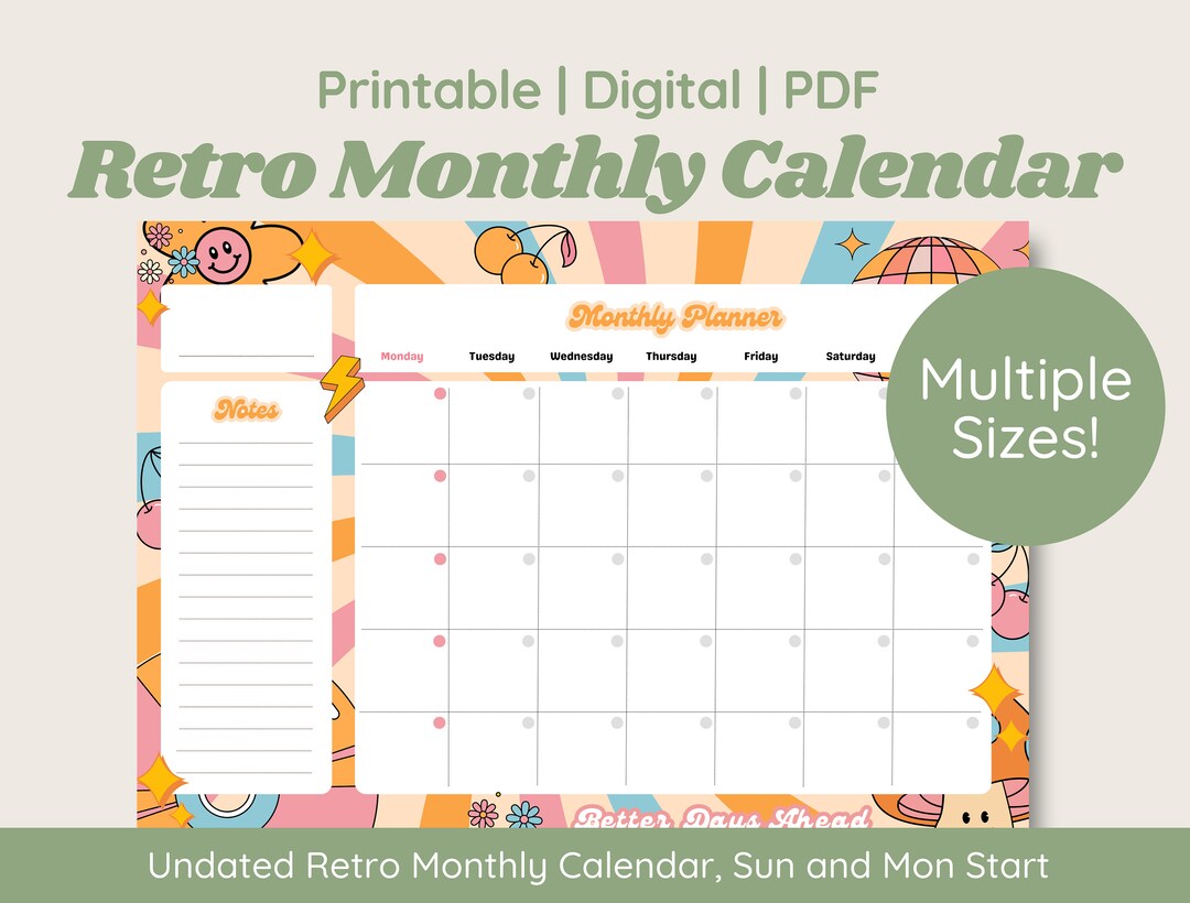 Retro Undated Monthly Calendar | Colourful Print | Summer Aesthetic ...