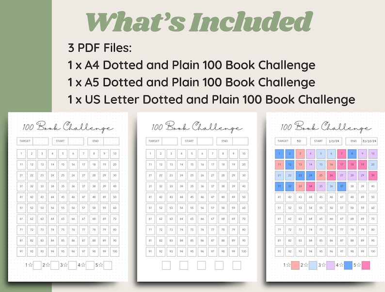 100 Book Challenge Printable PDF Book Rating Reading Tracker Log Dotted ...
