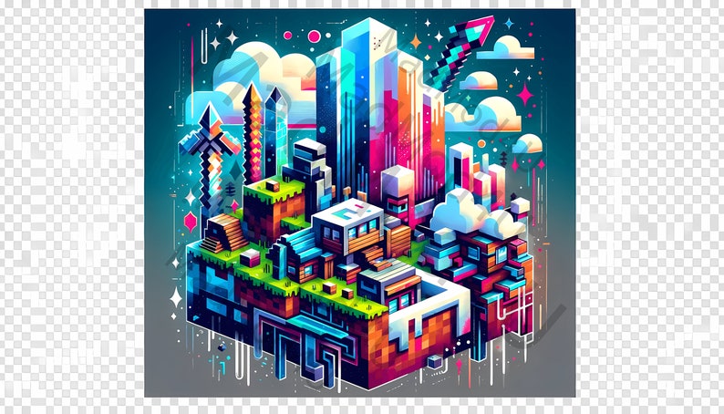 Modern Watercolor Cityscape Minecraft-inspired Digital Art for Branding ...