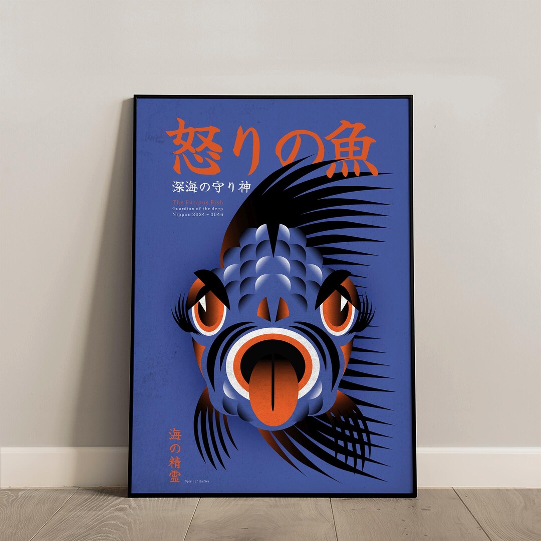 Japanese Poster, Japanese Fish Poster Art, Ocean Decor, Blue Graphic ...