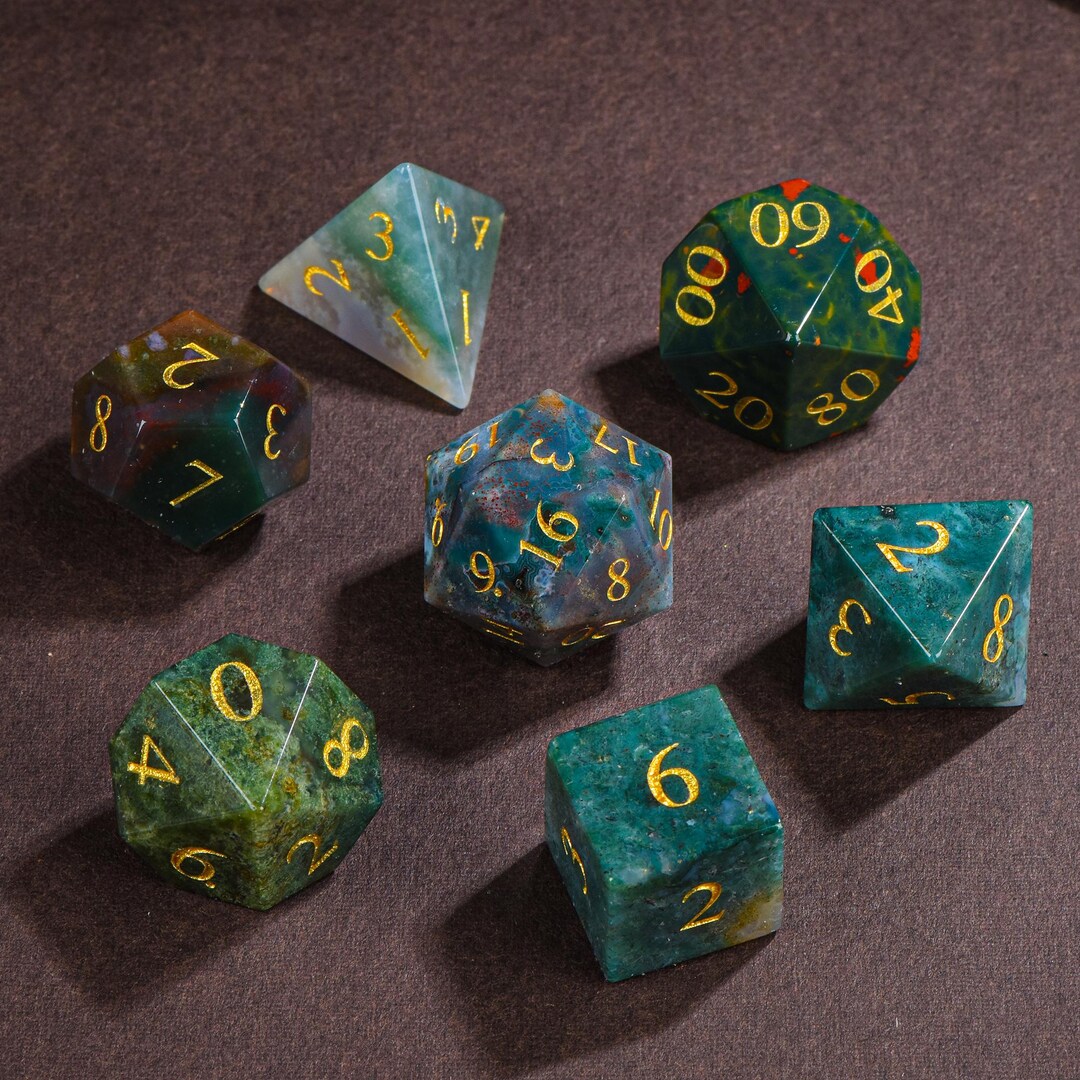Full Set Moss Agate Gemstone Dice | Dungeons and Dragons Gemstone Dice Set | Table Role Playing ...