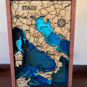 Wooden Italy Map Carved, Topographic 3D Wall Art, Depth Chart Map ...