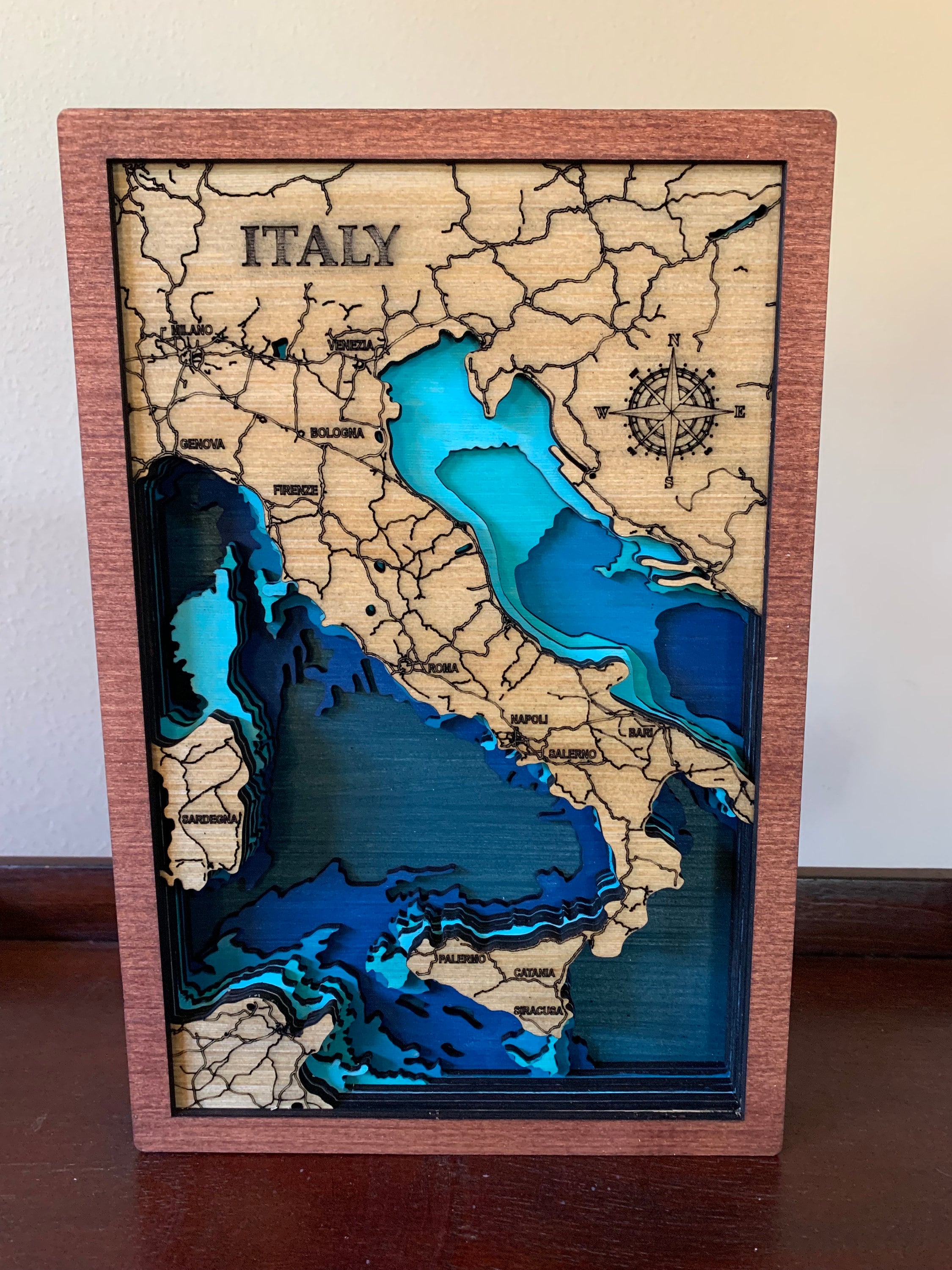 Wooden Italy Map Carved, Topographic 3D Wall Art, Depth Chart Map ...