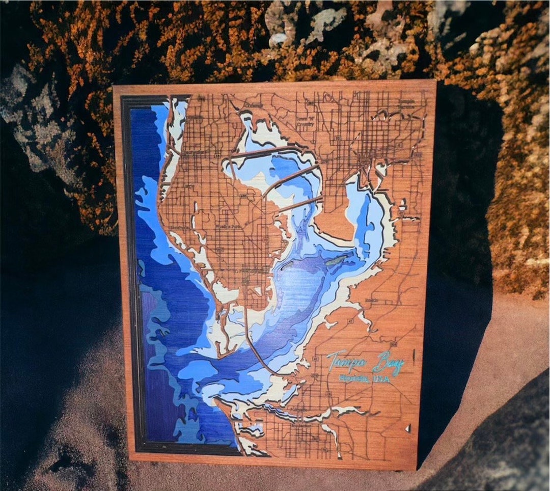 Wooden Tampa Bay Map Carved, Topographic 3D Wall Art, Depth Chart Map ...