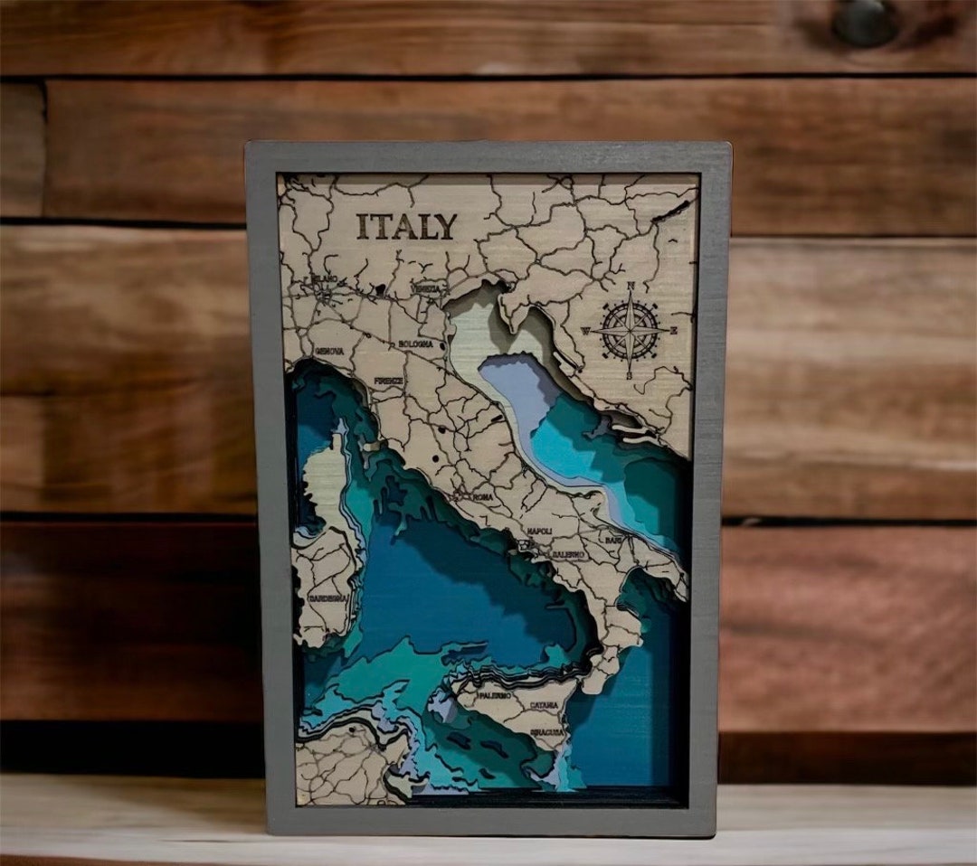 Wooden Italy Map Carved, Topographic 3D Wall Art, Depth Chart Map ...