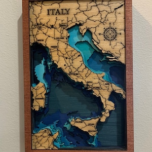 Wooden Italy Map Carved, Topographic 3D Wall Art, Depth Chart Map ...