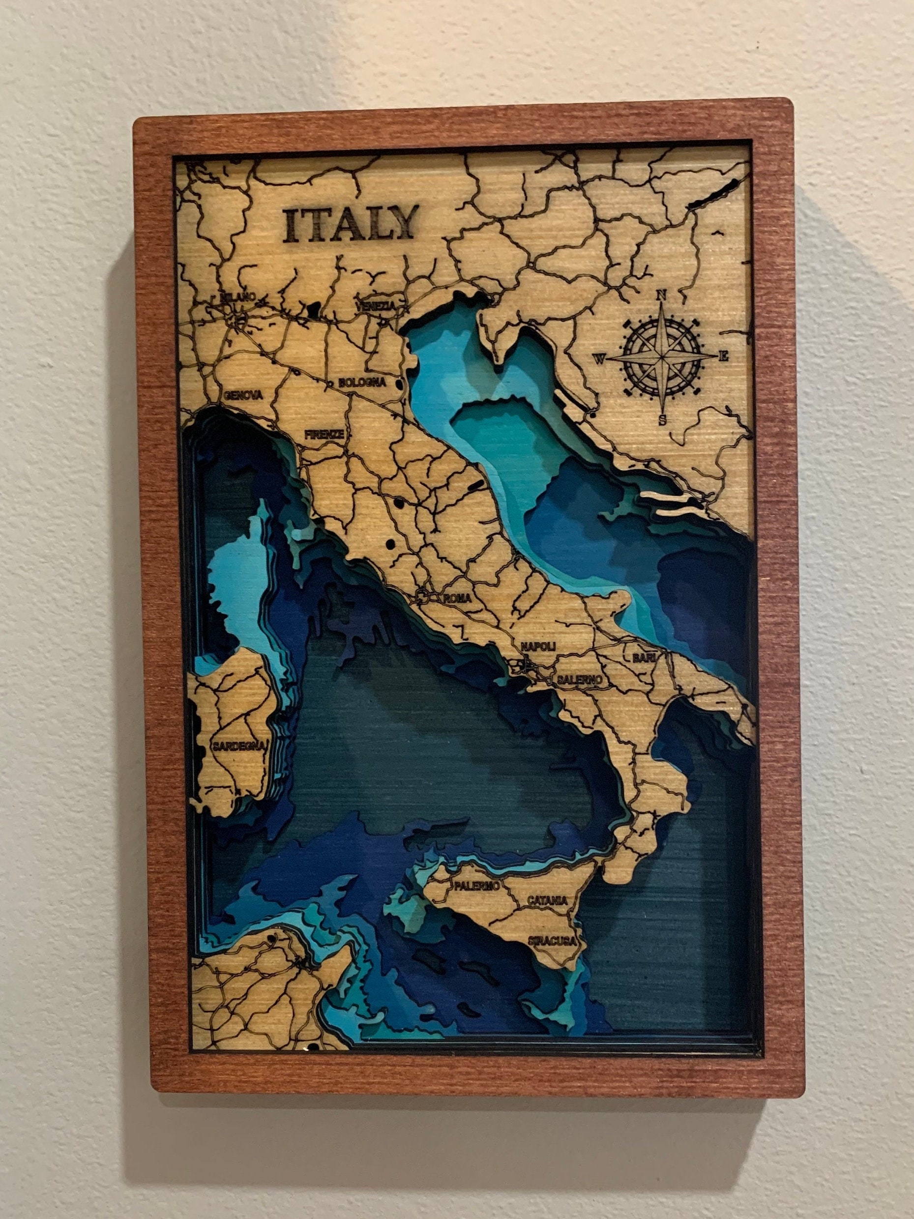 Wooden Italy Map Carved, Topographic 3D Wall Art, Depth Chart Map ...