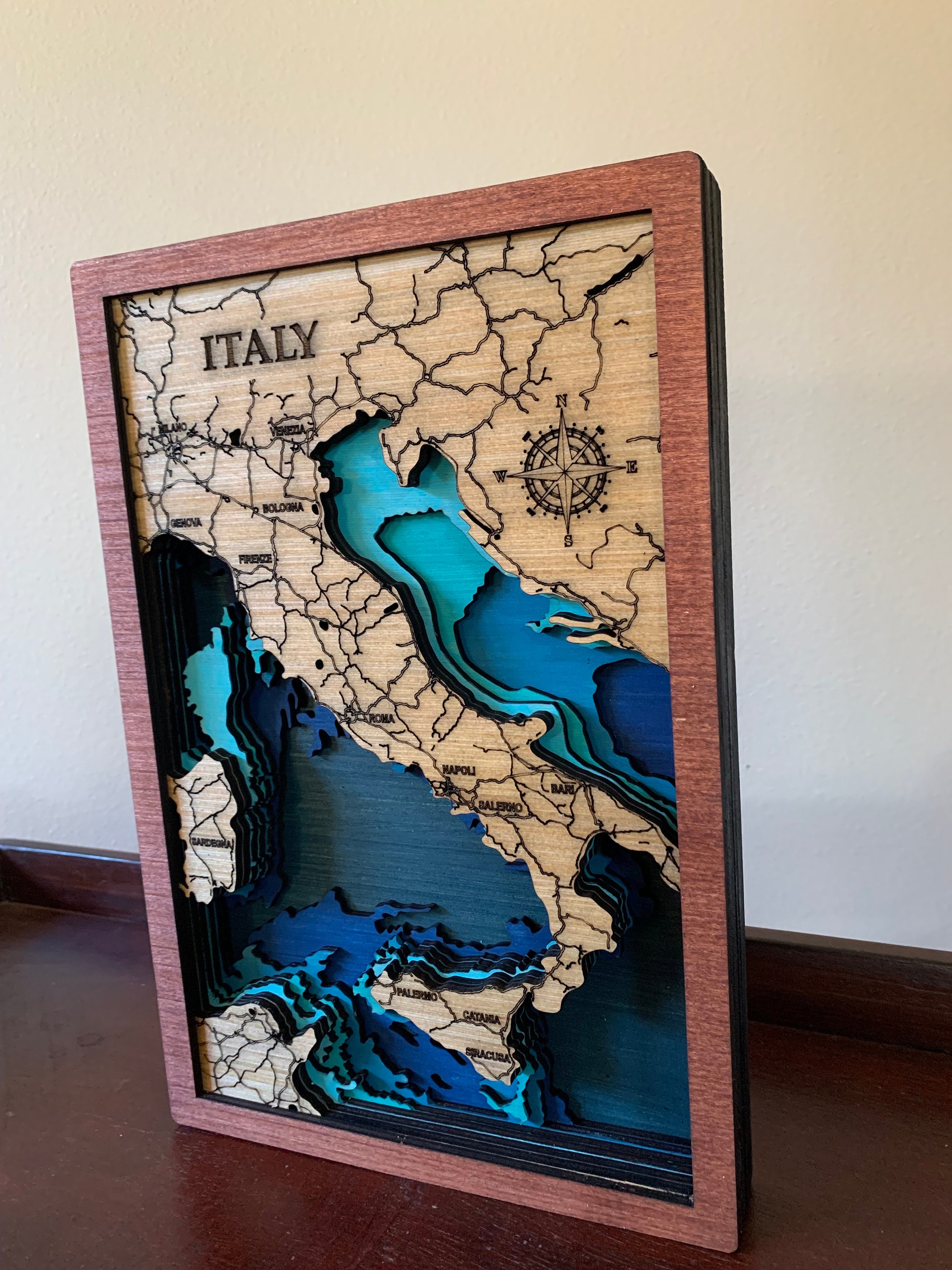 Wooden Italy Map Carved, Topographic 3D Wall Art, Depth Chart Map ...