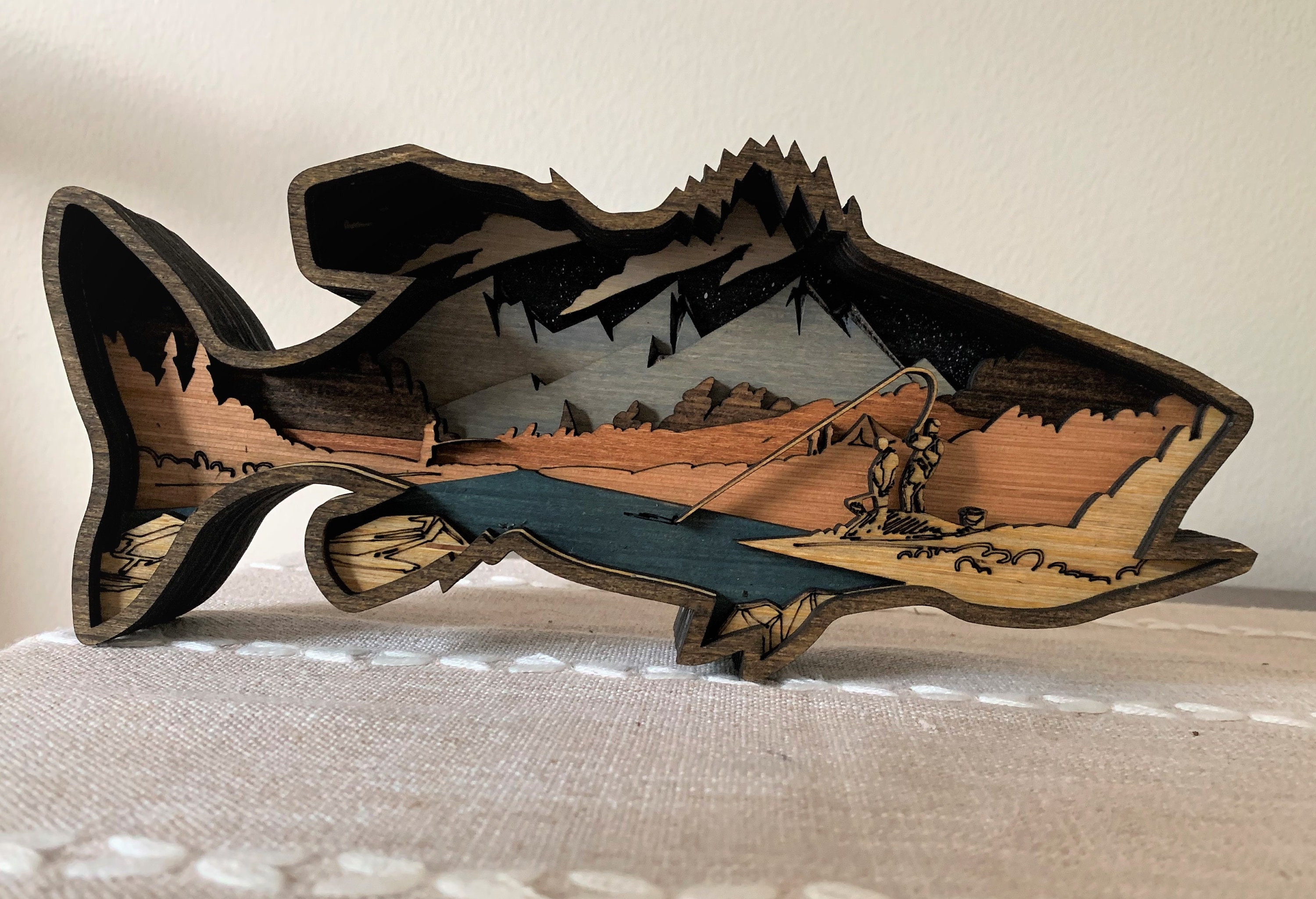 Bass Fisherman Multi-layered Wood, Fishing Decor, Bass Gift, Man Cave ...