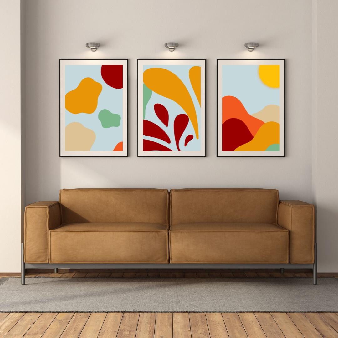 Abstract Art Trio – Warm Mountains, Floral Pattern, and Soft Shapes ...