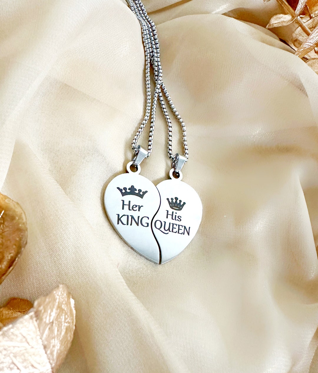 Personalized Heart Necklace, King and Queen Couple Necklace, Half Heart ...