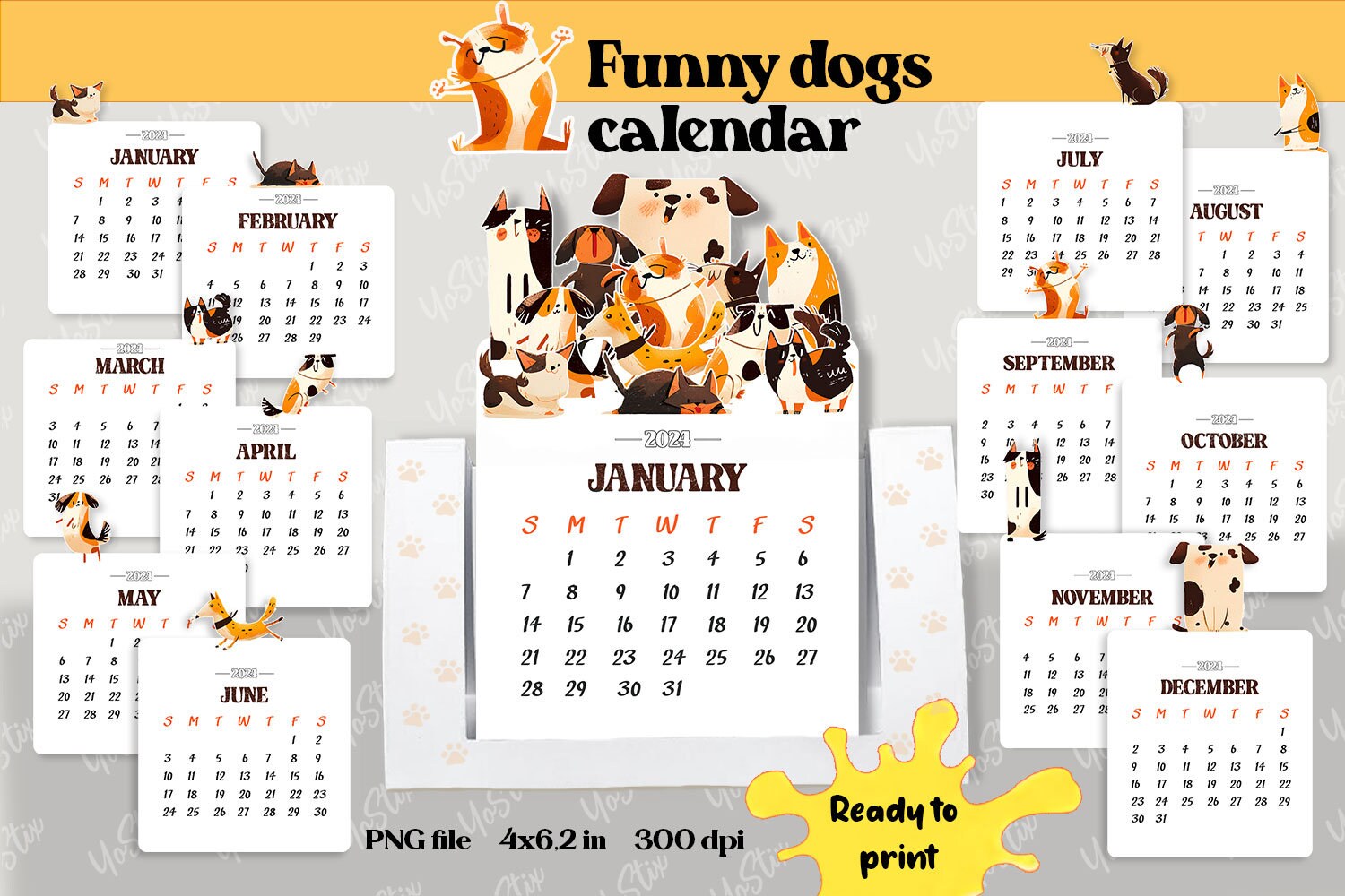 Funny Dogs Desk Calendar 2024 PNG, Printable Dog Calendar, Layered Mini ...