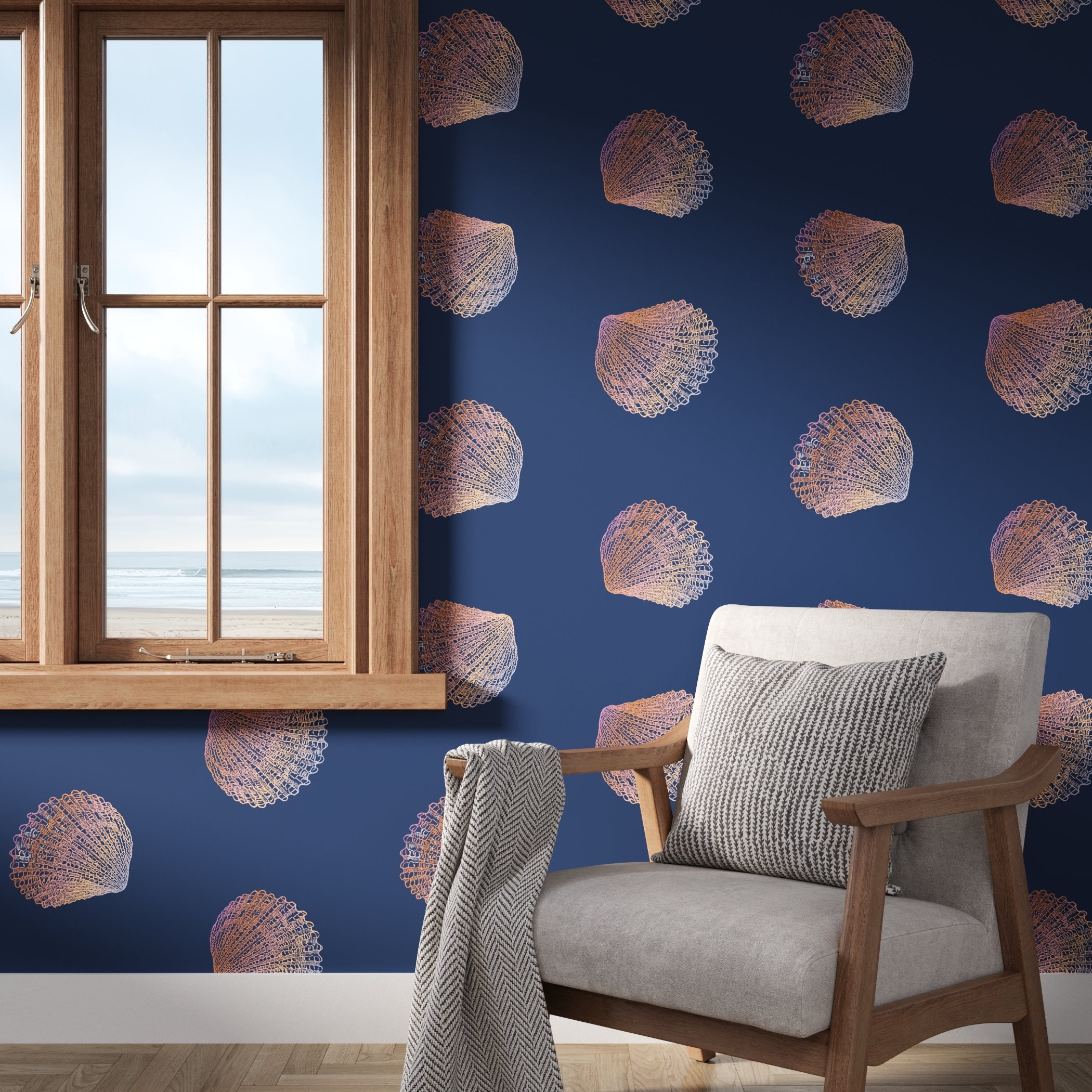 Elegant Ocean Blue Seashell Wallpaper Minimalist Marine Peel and Stick ...