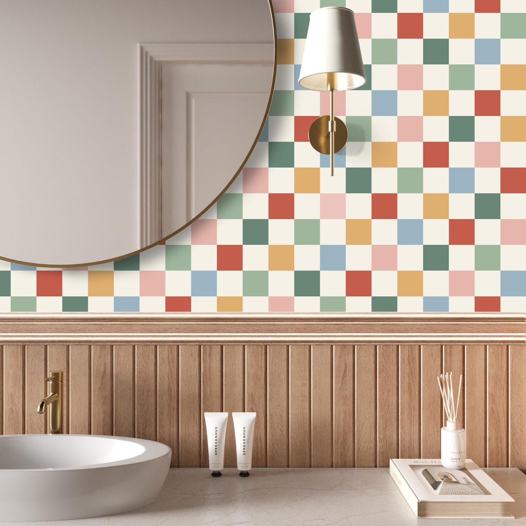 Funky Retro Checkered Wallpaper | Groovy Geometric Checkerboard Peel ...