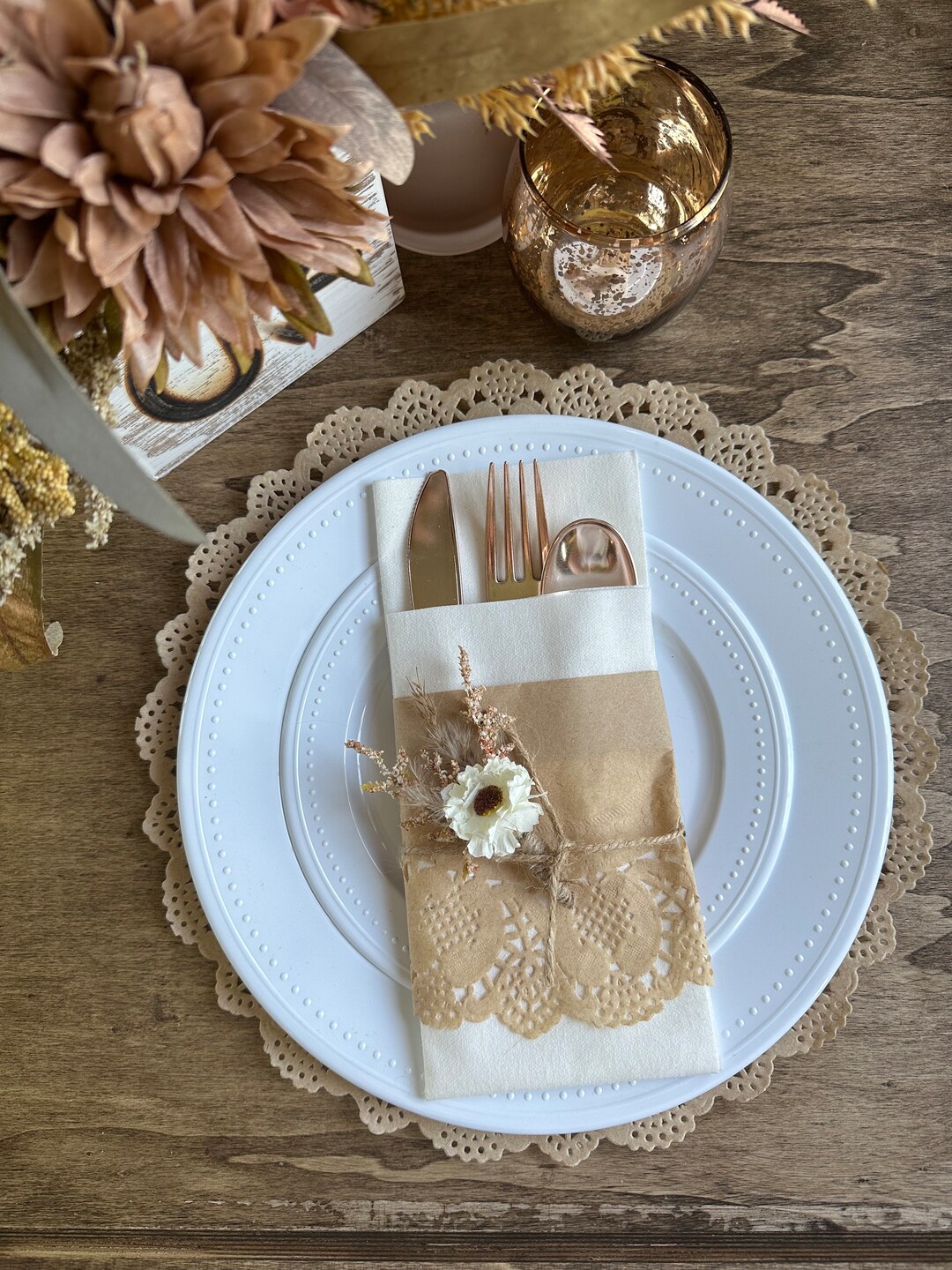 Rustic or Country Wedding Table Place Setting Kit, Wood, Lace Floral ...