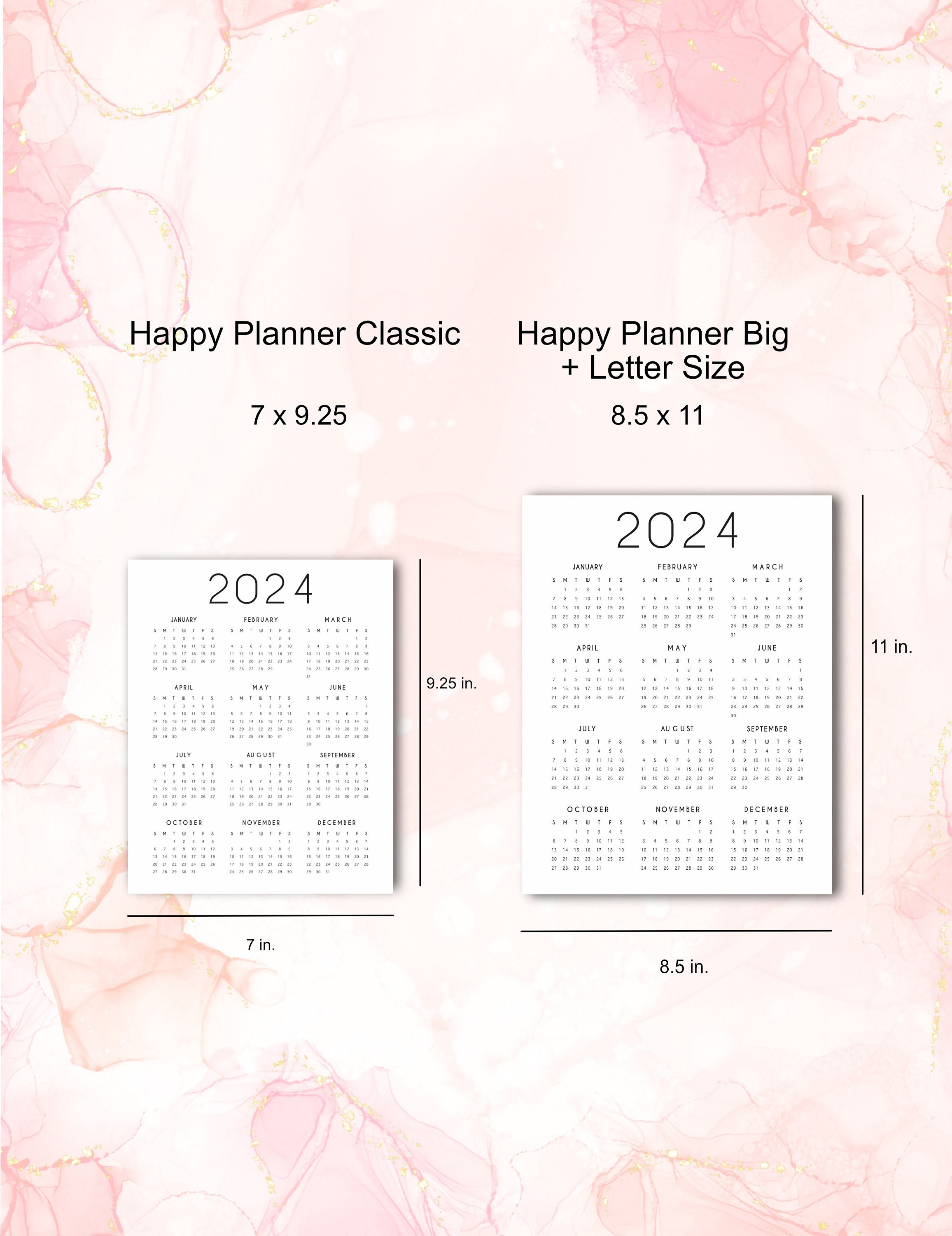 2024 Printable Calendar + Year at A Glance for Happy Planner Classic ...