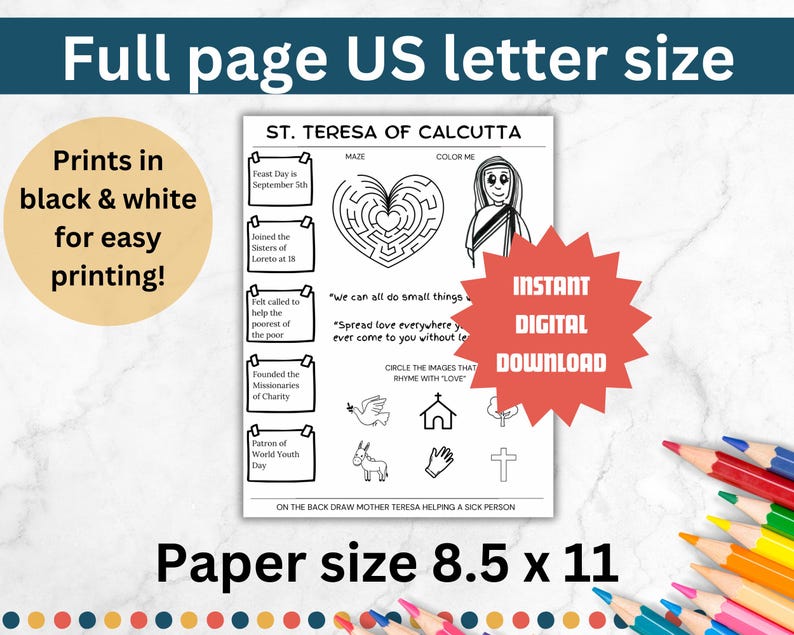 Mother Teresa Worksheet All Saints Day Activity Catholic Printable With ...